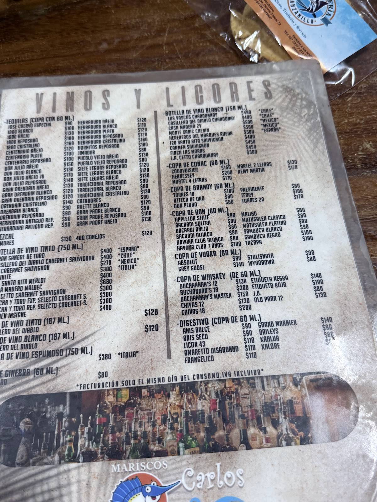 Menu at Mariscos Carlos restaurant, Manzanillo