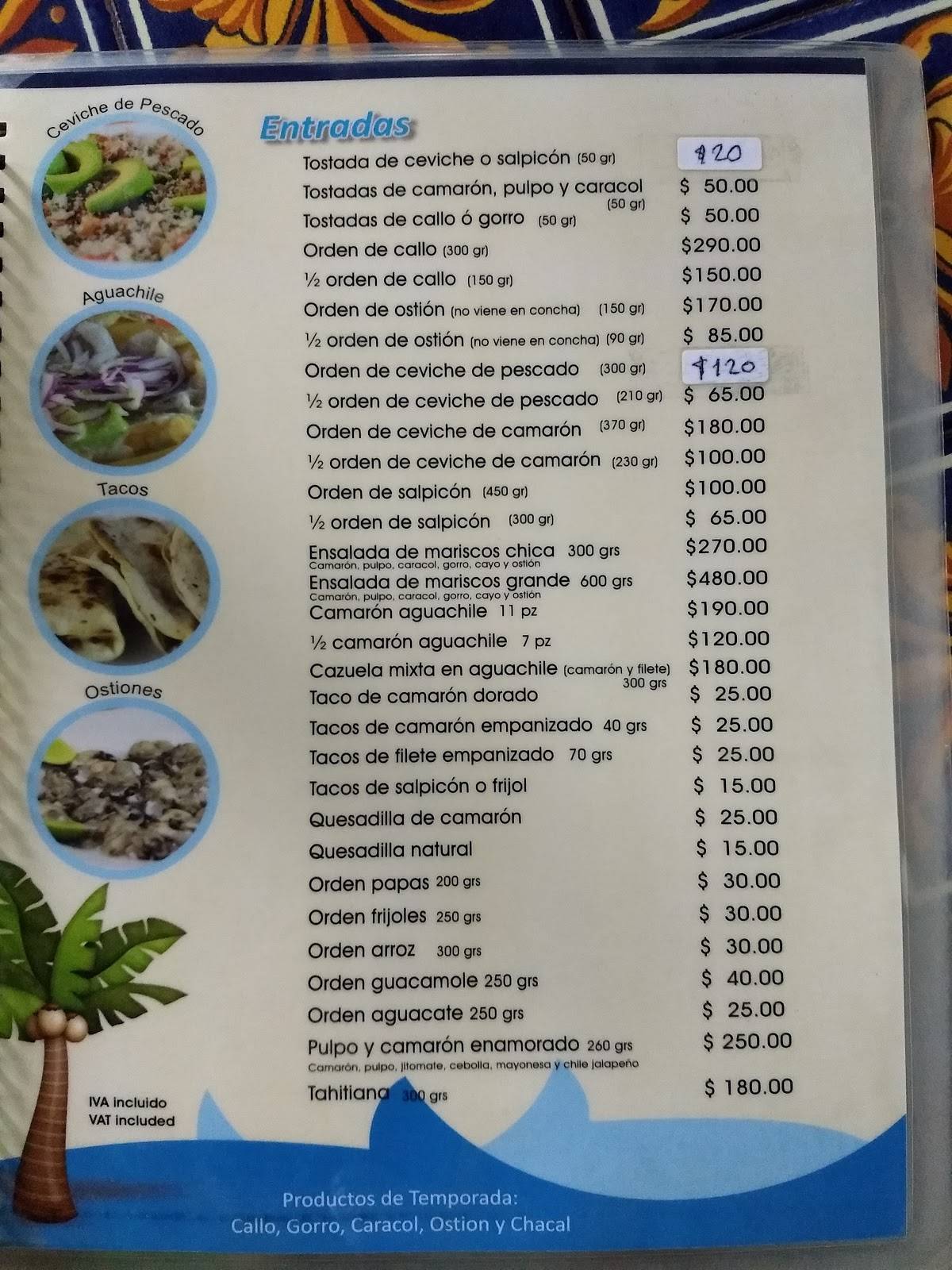 Carta del restaurante Mariscos Carlos, Manzanillo