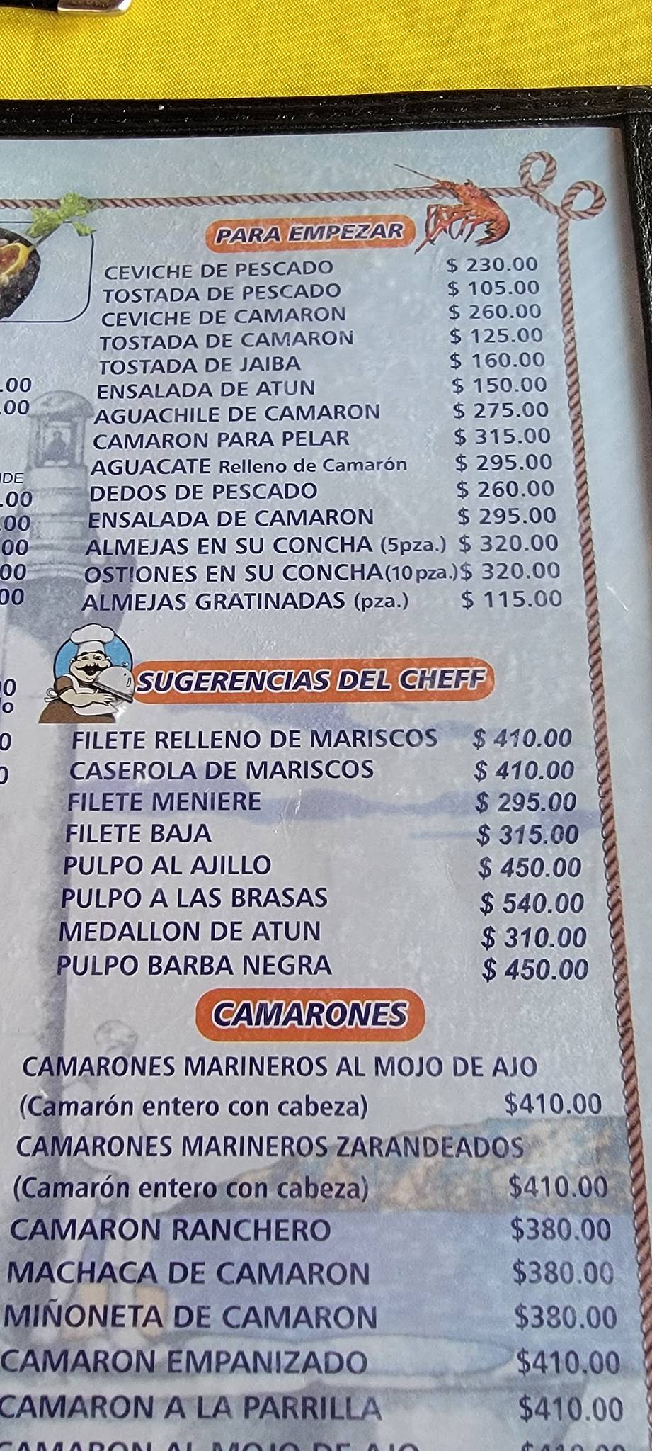 Menu at Mariscos Mazatlán restaurant, Cabo San Lucas