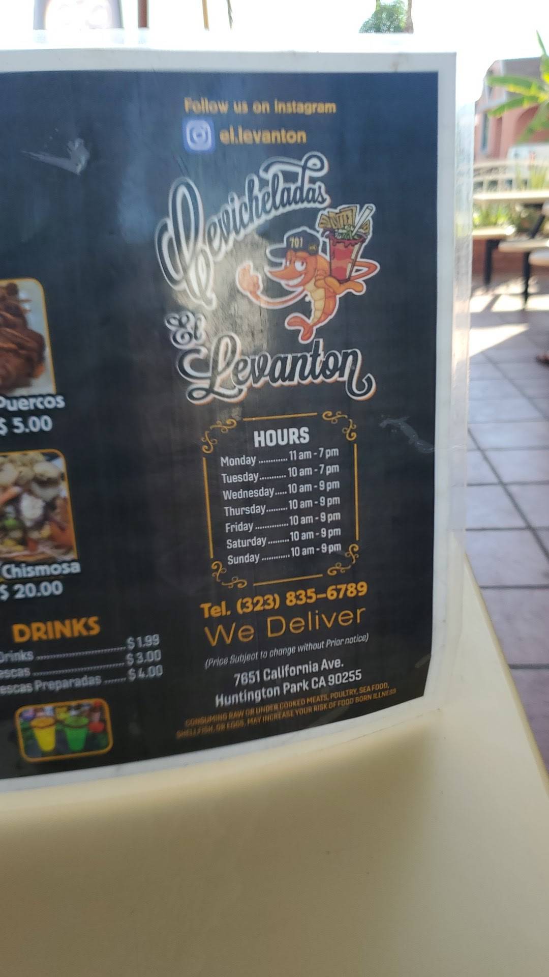 Menu at Mariscos El Levanton restaurant, Huntington Park