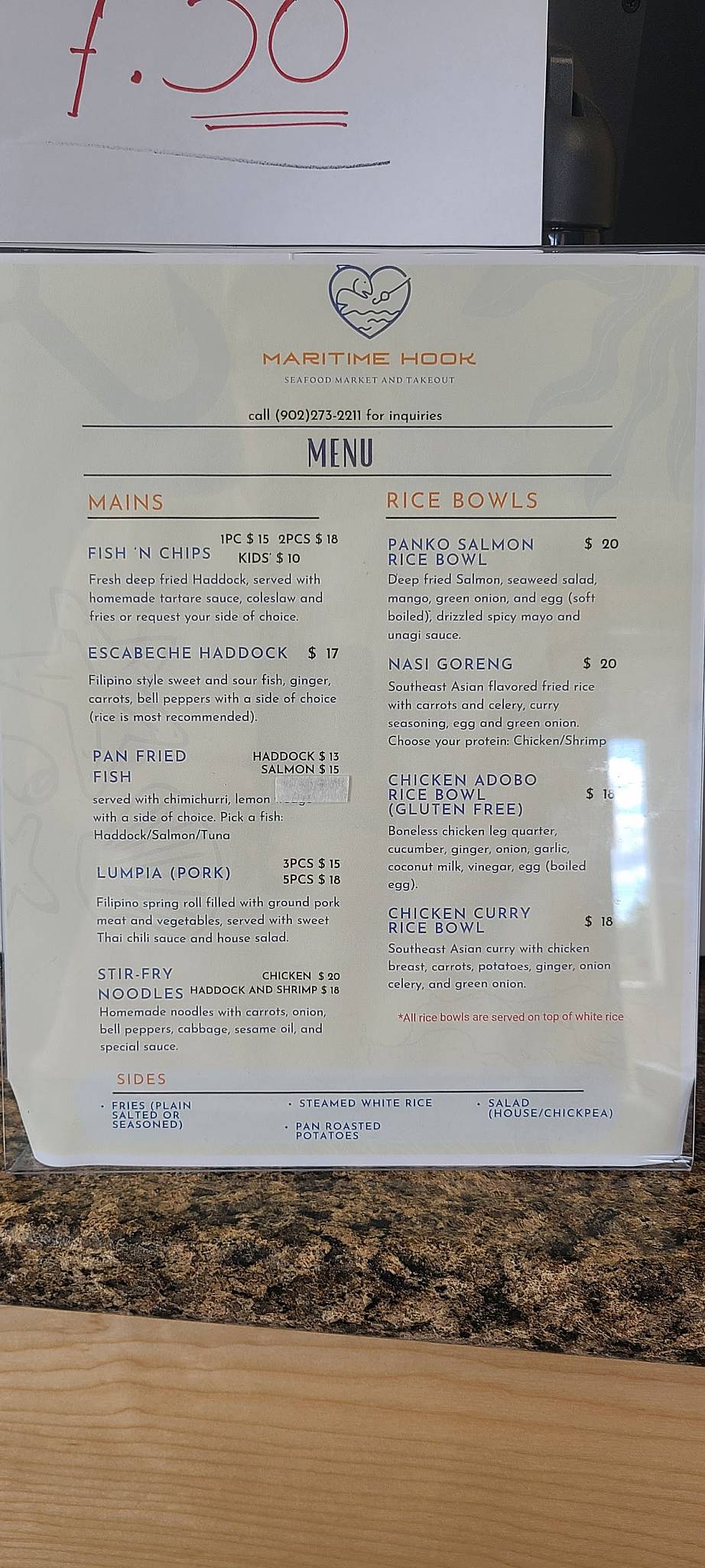 Menu at Maritime Hook Seafood Market restaurant, Chester