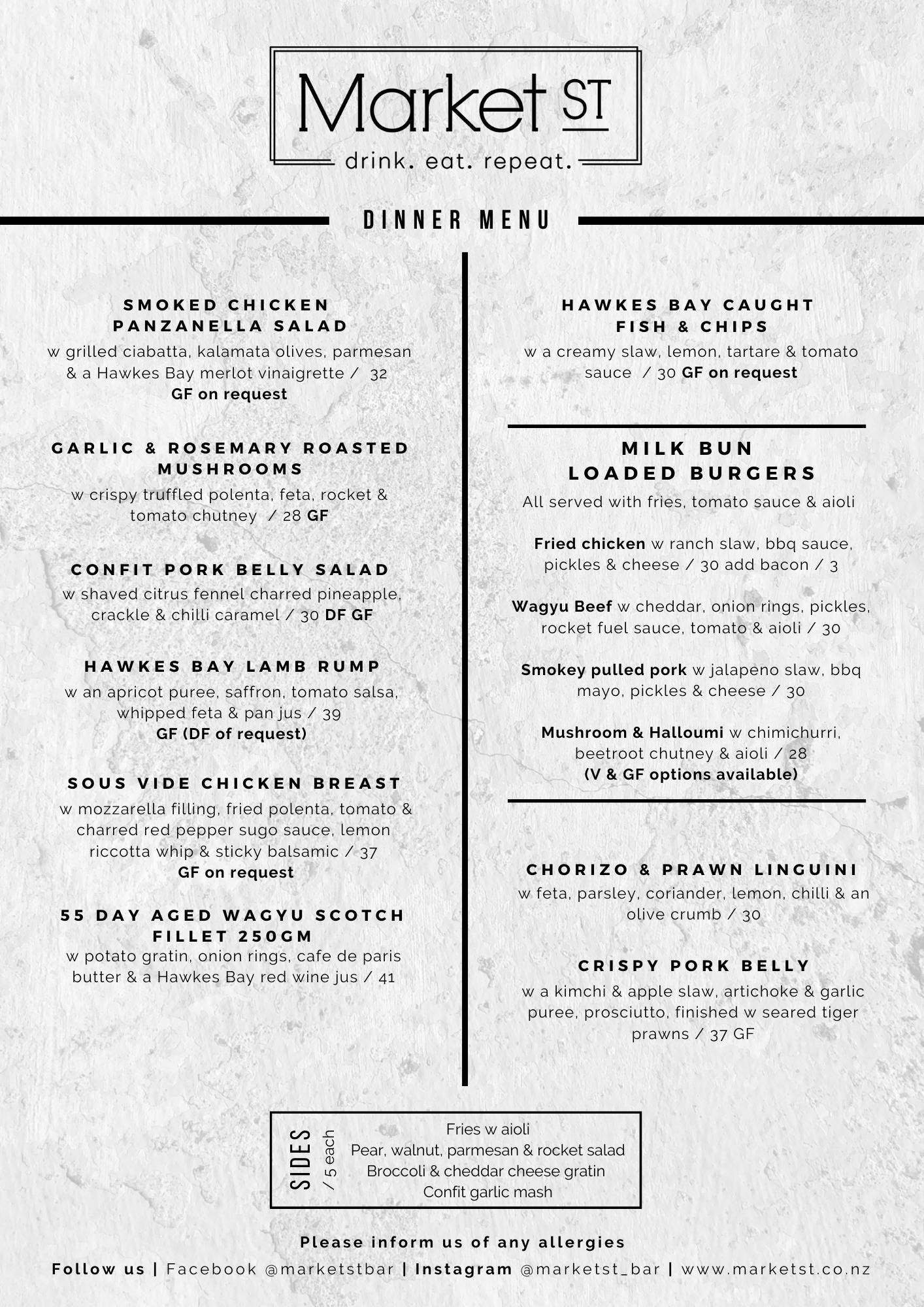 Menu at Market St restaurant, Napier