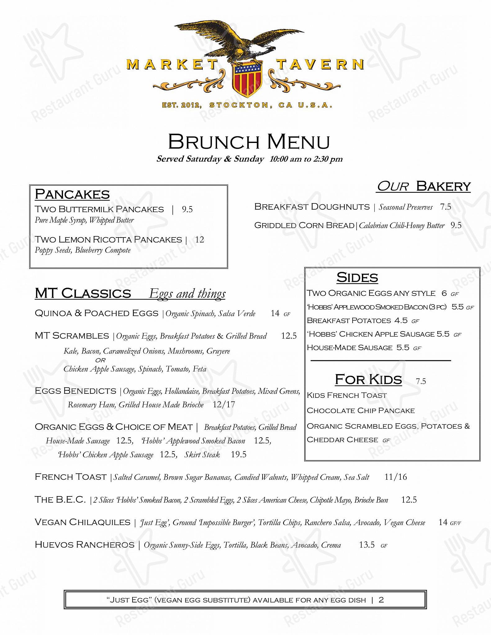 Menu at Market Tavern pizzeria, Stockton