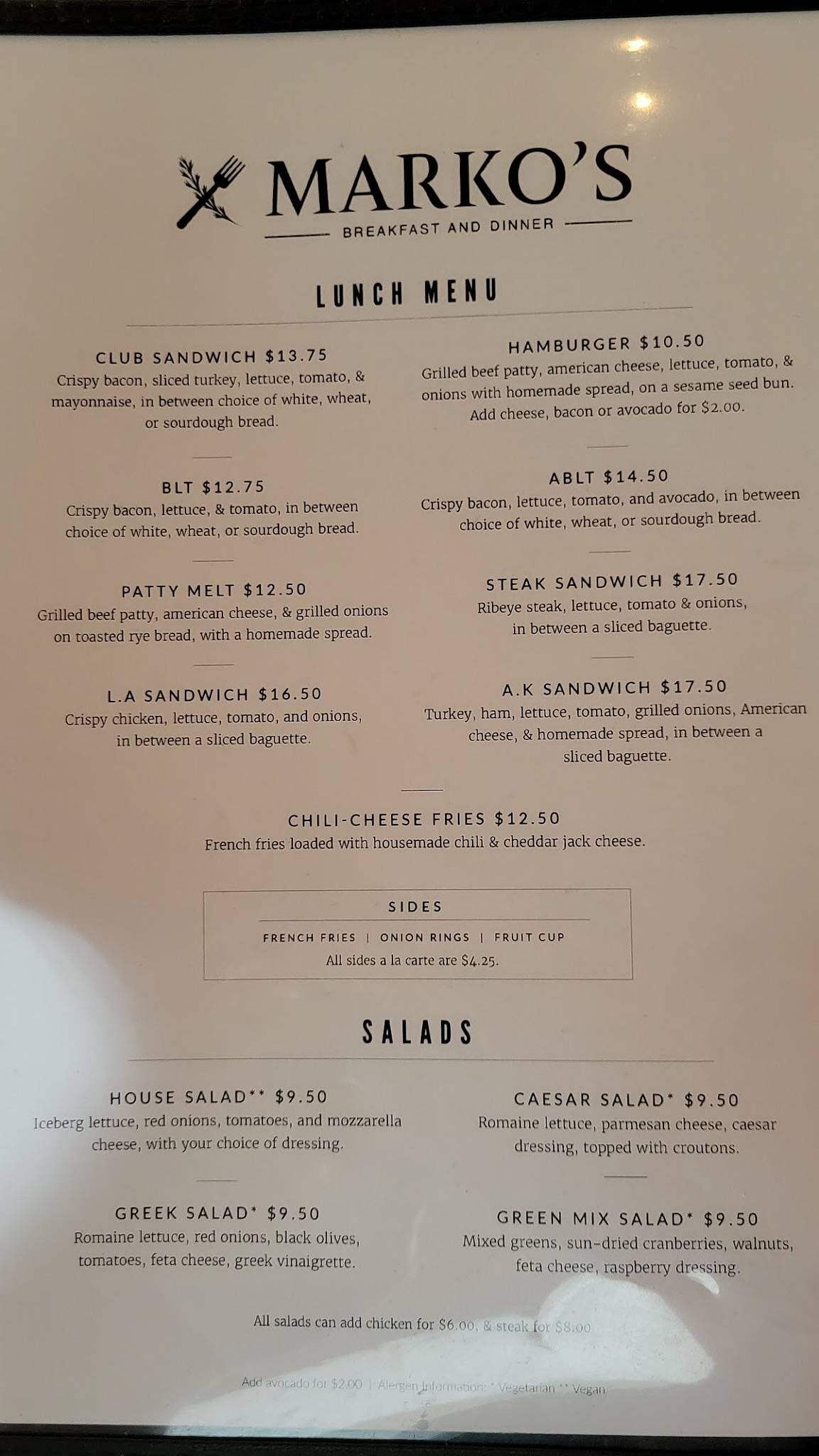 Menu at Marko’s Breakfast & Dinner steakhouse, Temple City