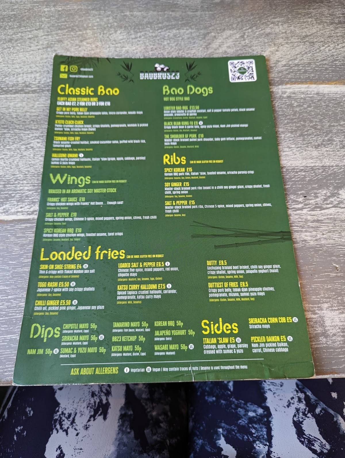 Menu at Baobros23 restaurant, Marsden