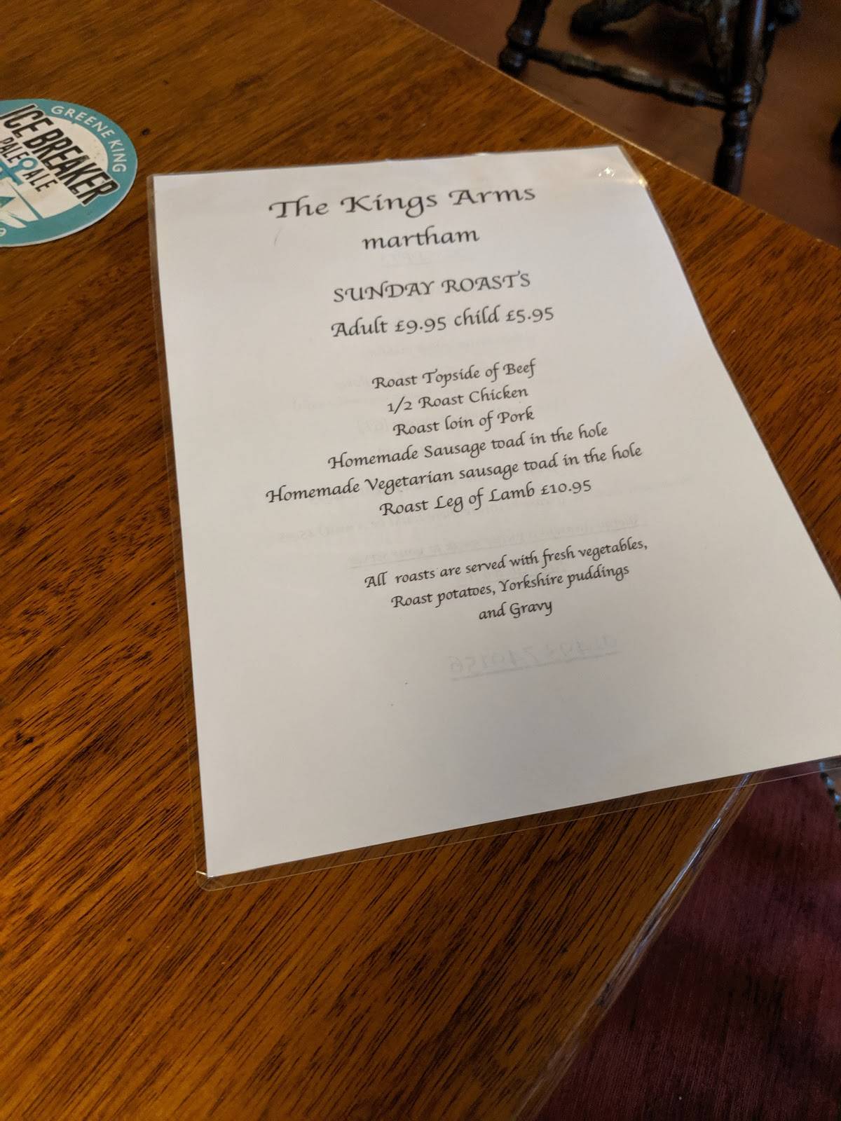 Menu at The Kings Arms pub & bar, Martham