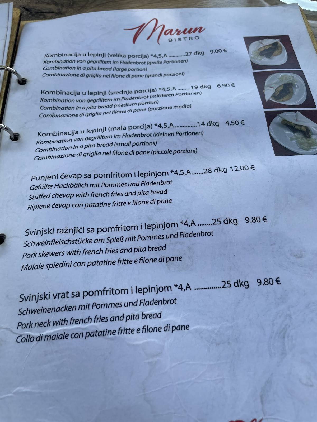 Menu at Marun restaurant, Rijeka
