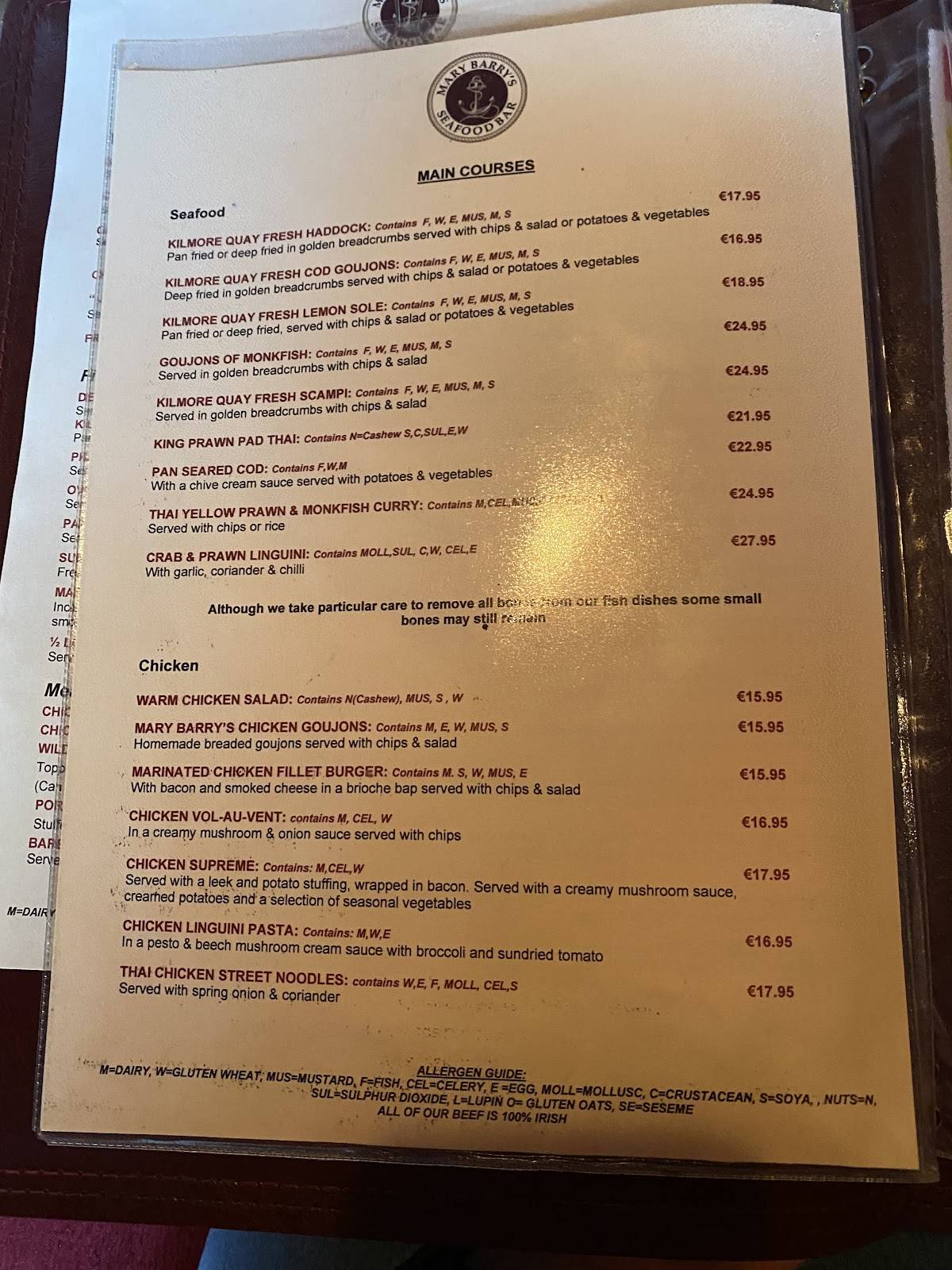 Carta de Mary Barry's Bar, Irlanda, Kilmore Village