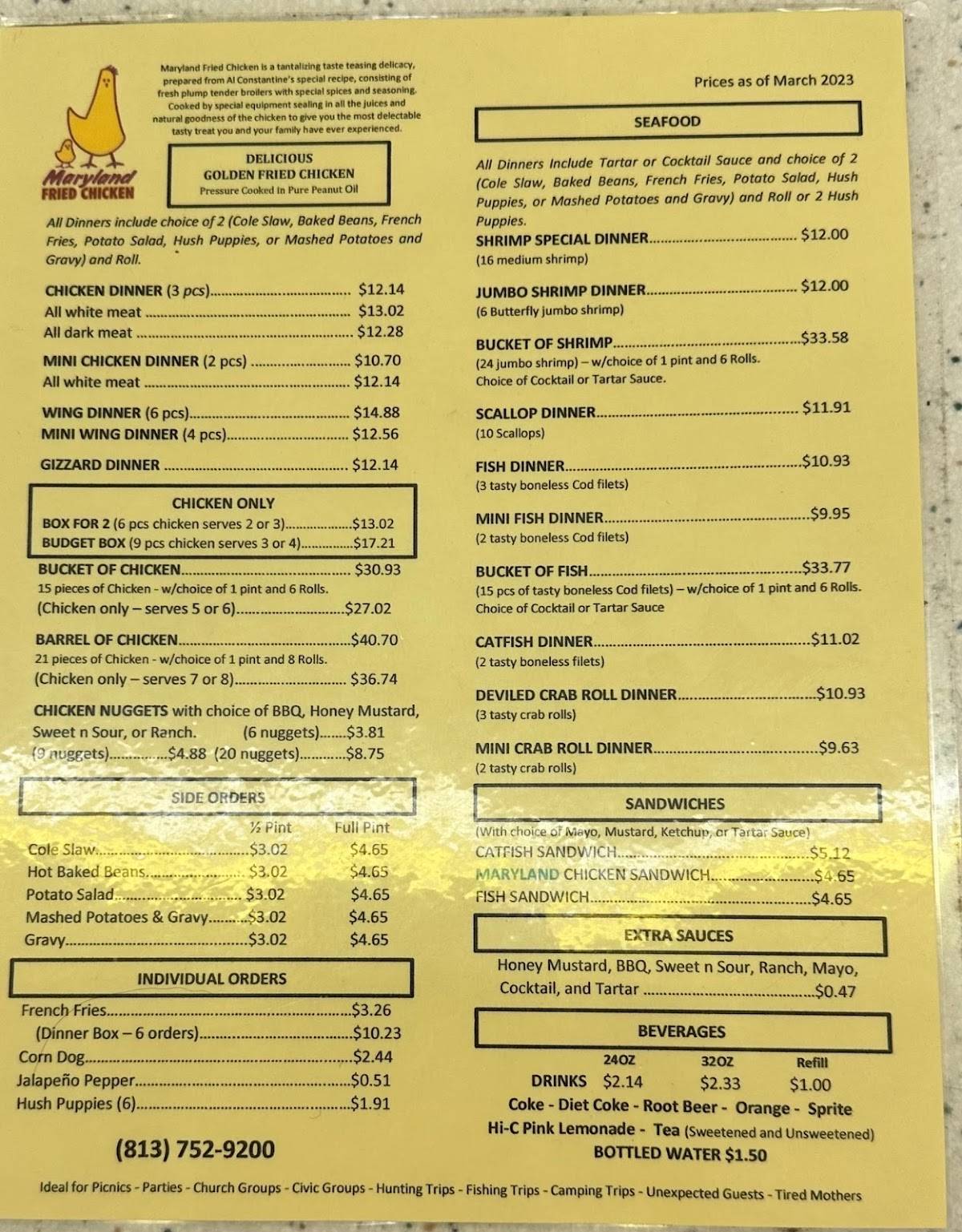 Menu at Maryland Fried Chicken restaurant, Plant City