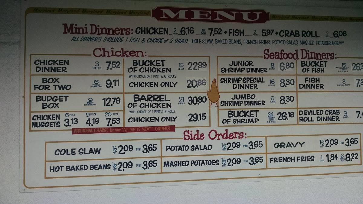Menu at Maryland Fried Chicken restaurant, Plant City