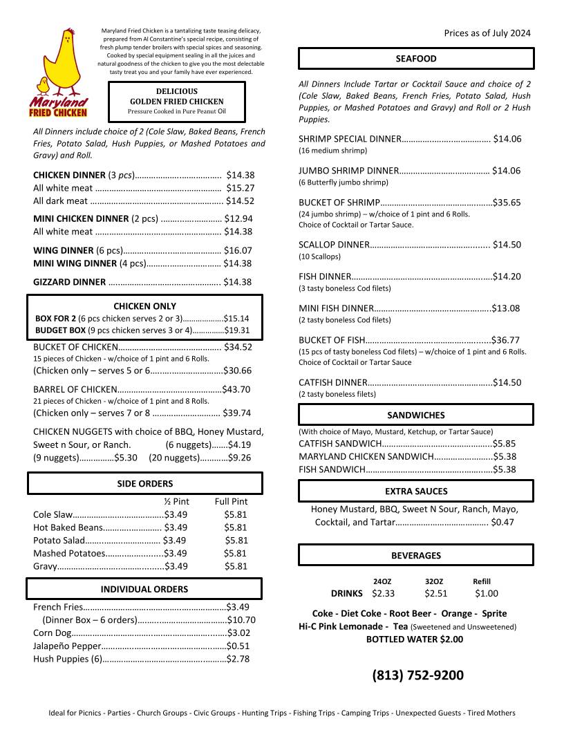 Menu at Maryland Fried Chicken restaurant, Plant City