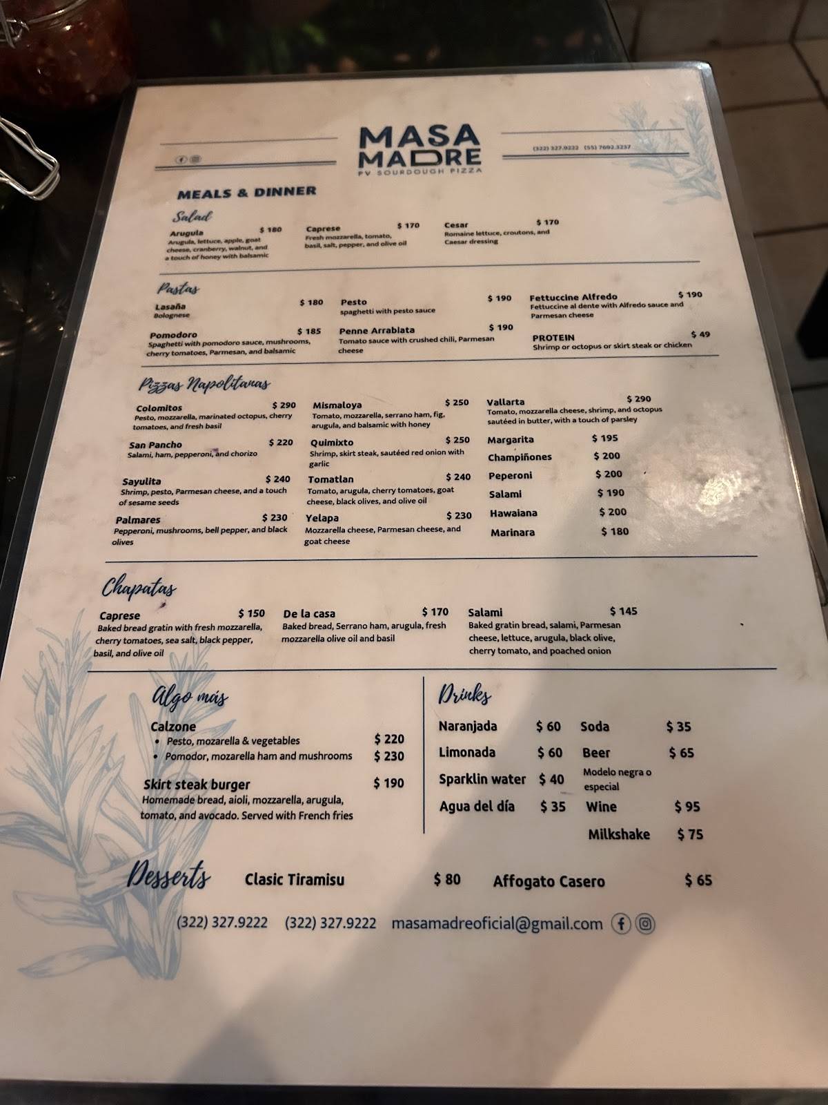 Menu at Masa Madre pizzeria, Puerto Vallarta