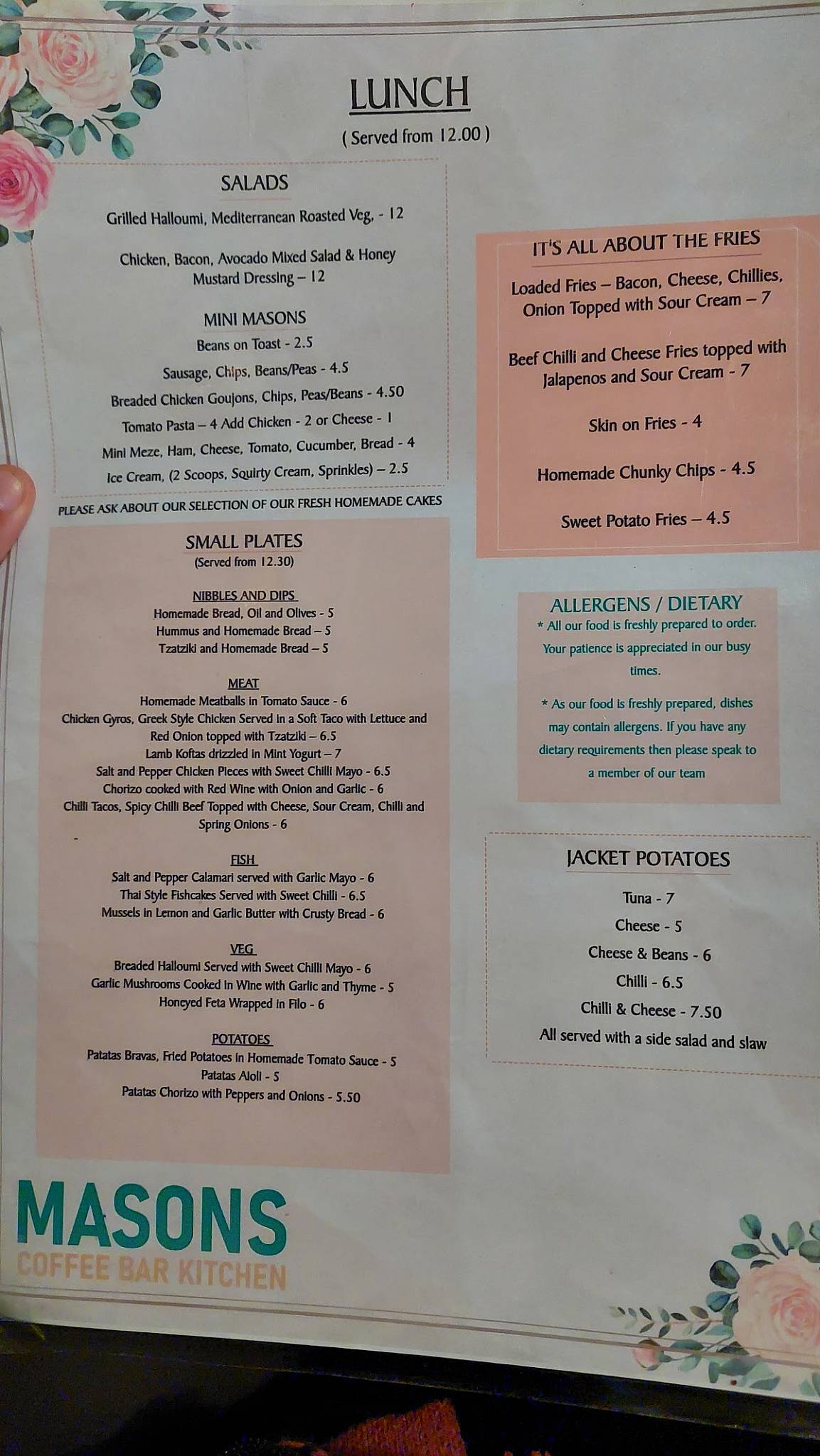 Menu at Mason's cafe/bar, Astley