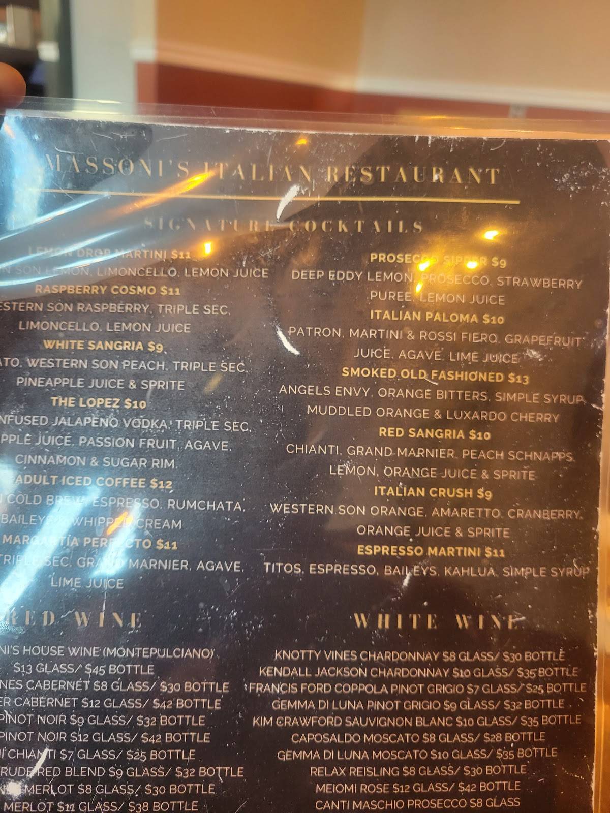 Menu at Massoni's Italian Restaurant, Nottingham