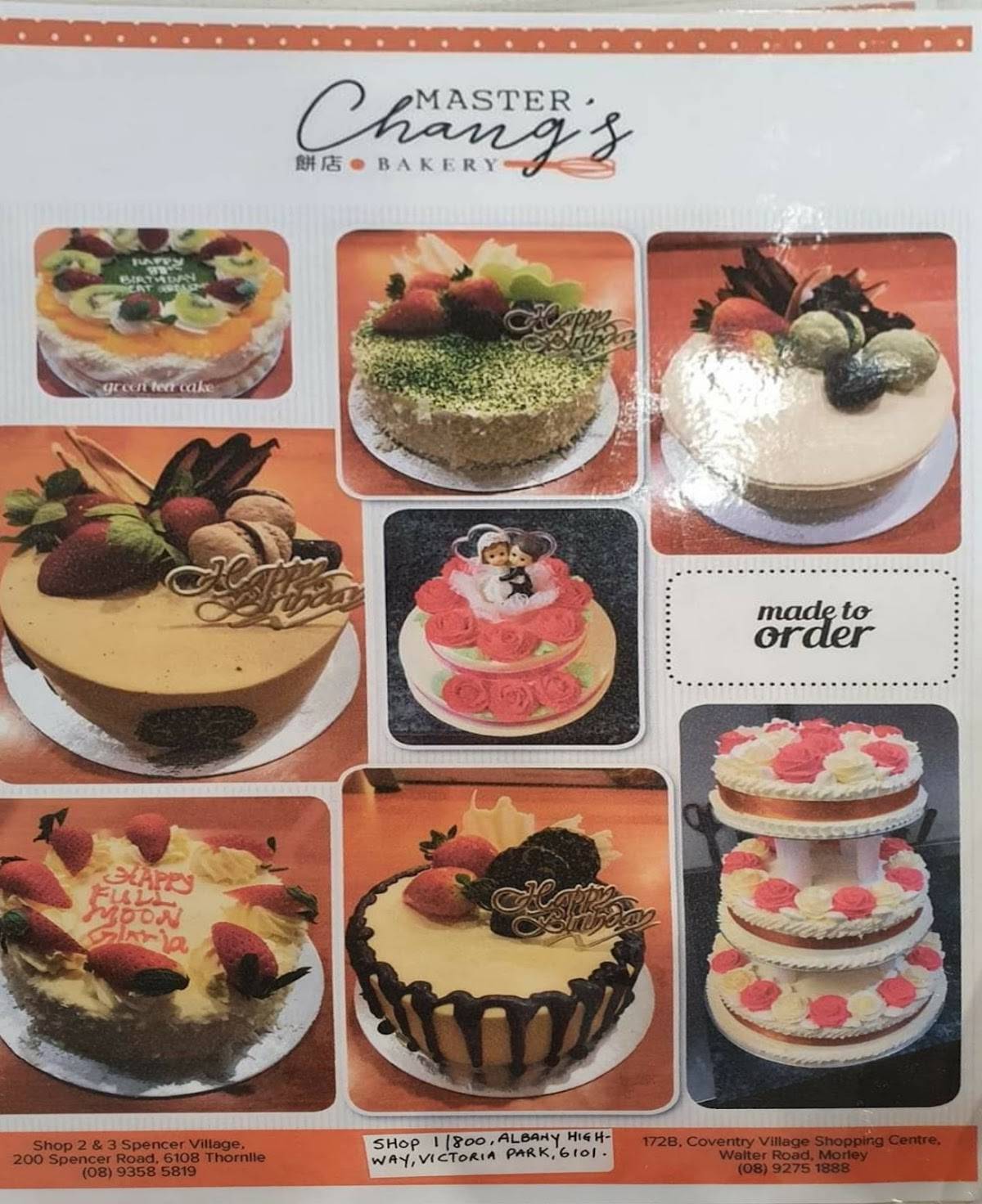Menu at Master Chang’s Bakery Victoria Park, East Victoria Park