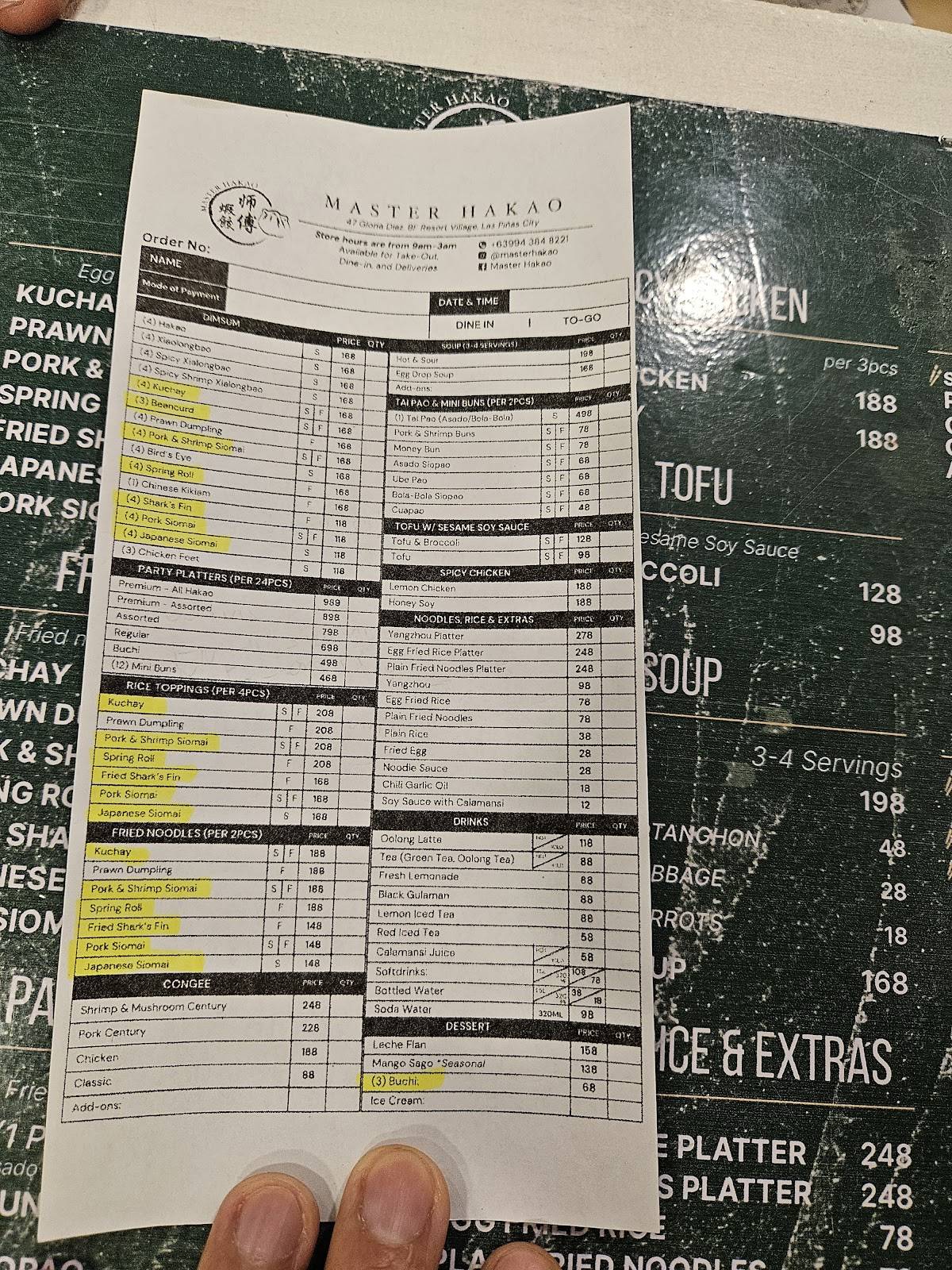 Menu at Master Hakao restaurant, Las Pinas