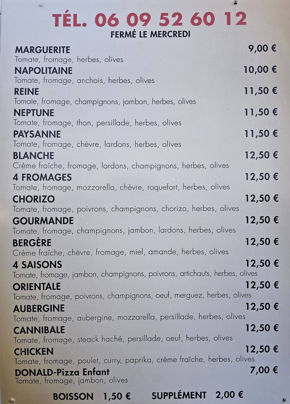 Menu au Master Pizza pizzeria, Nice