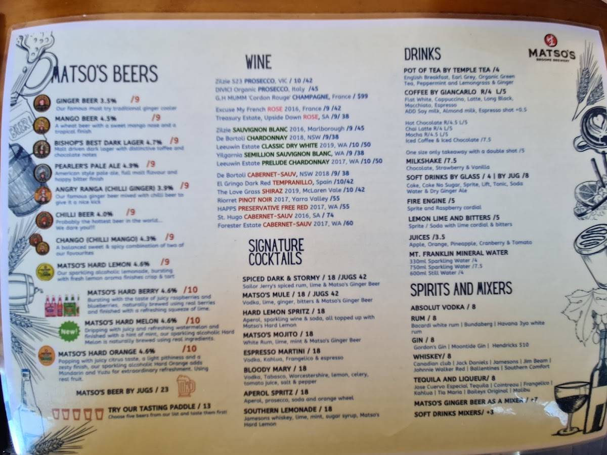 Menu at Matso's Broome Brewery restaurant, Broome, 60 Hamersley St