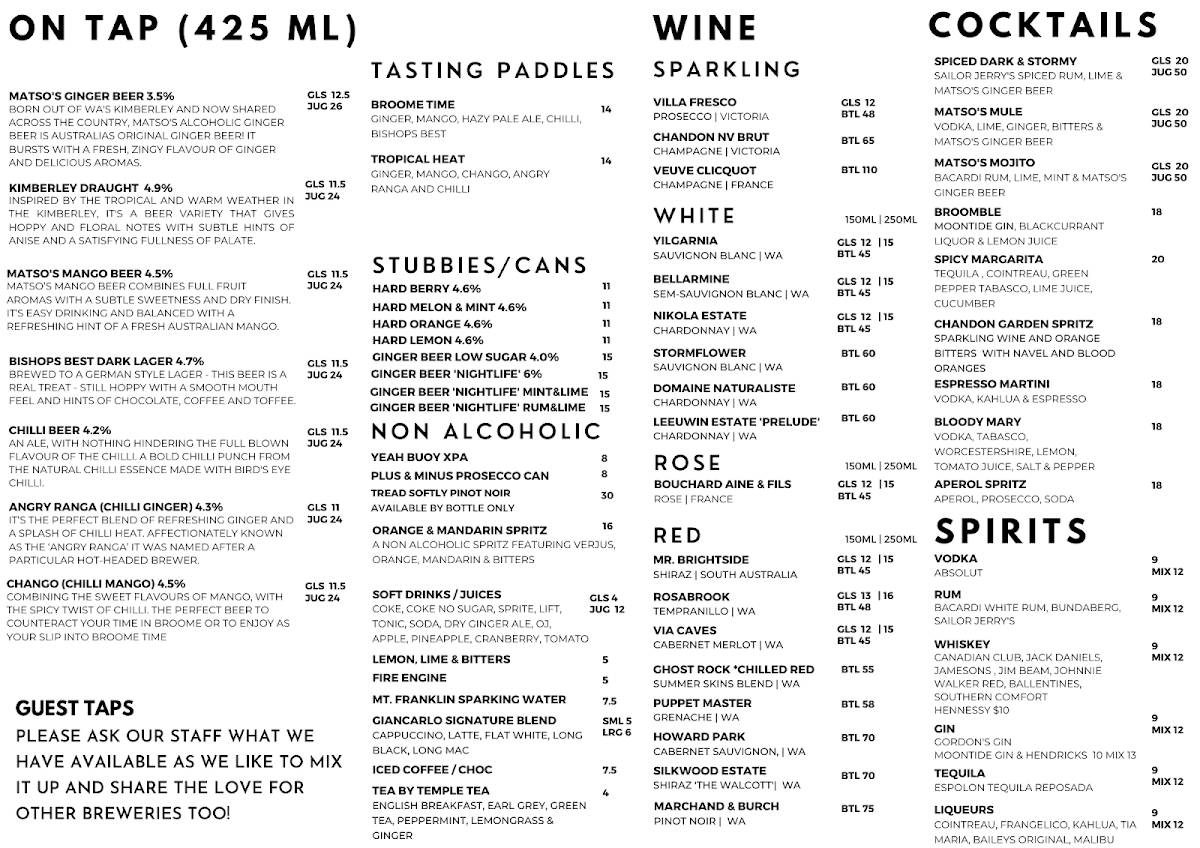 Menu at Matso's Broome Brewery restaurant, Broome, 60 Hamersley St