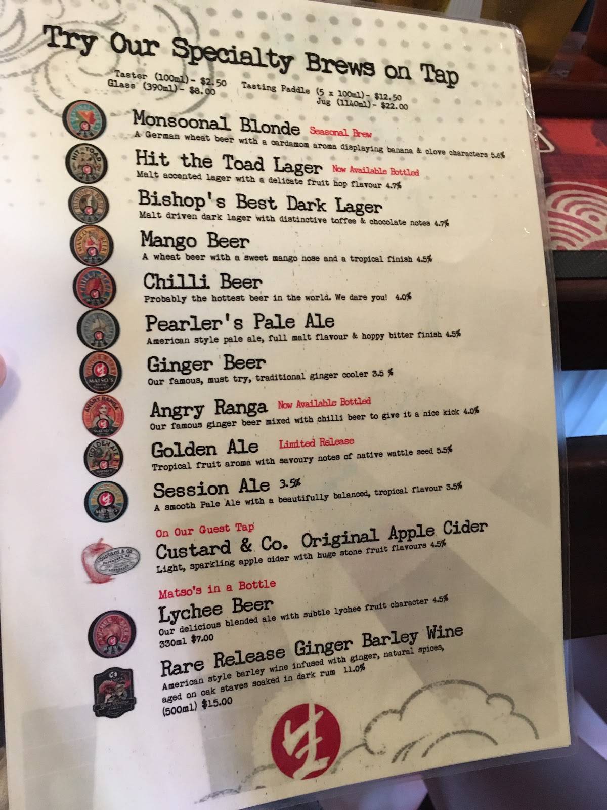 Menu at Matso's Broome Brewery restaurant, Broome, 60 Hamersley St