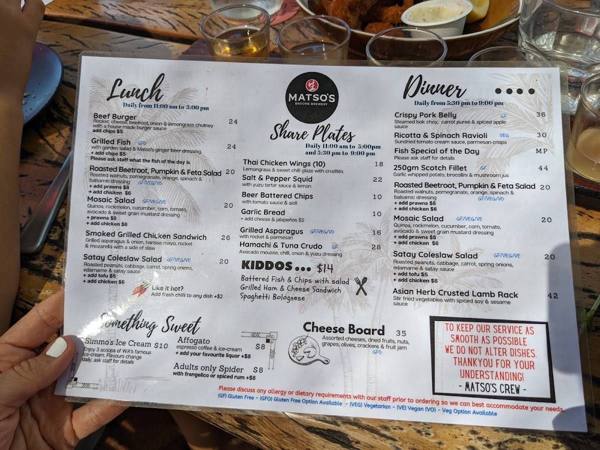 Menu at Matso's Broome Brewery restaurant, Broome, 60 Hamersley St