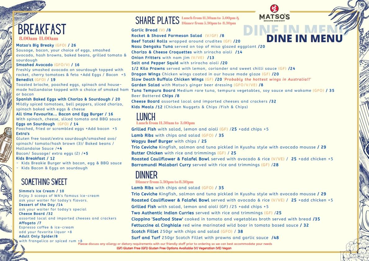 Menu at Matso's Broome Brewery restaurant, Broome, 60 Hamersley St