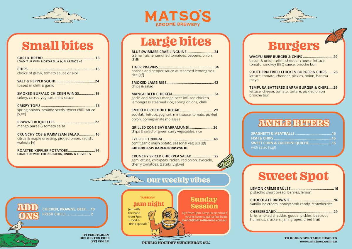 Menu at Matso's Broome Brewery restaurant, Broome, 60 Hamersley St