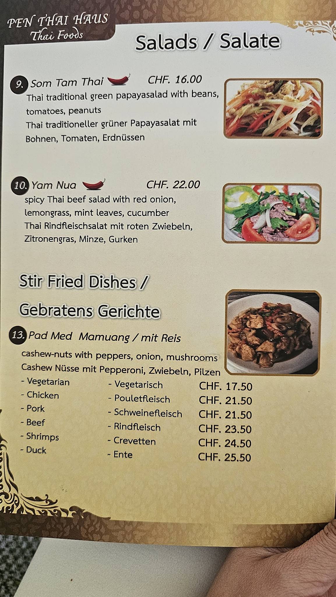 Menu au Penthai Haus, Matten bei Interlaken