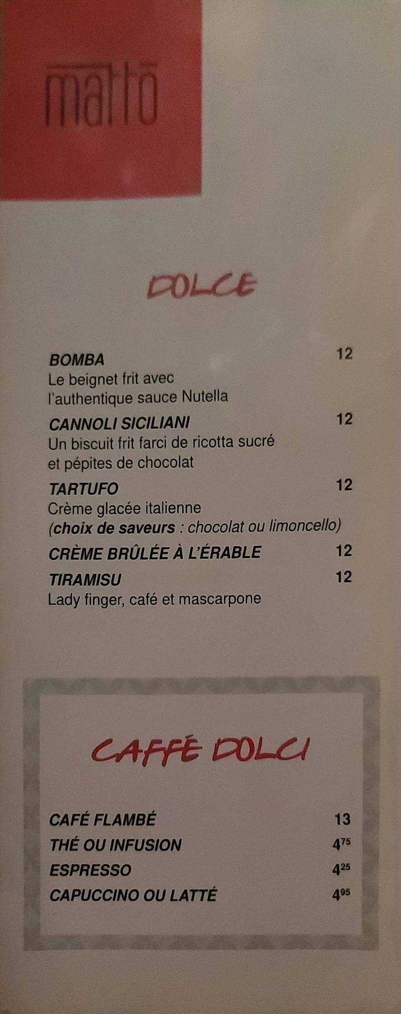 Menu au Il Matto restaurant, Québec, 71 Rue Saint-Pierre