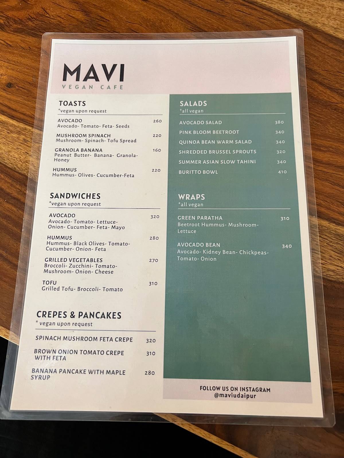 Menu at Mavi cafe, Udaipur