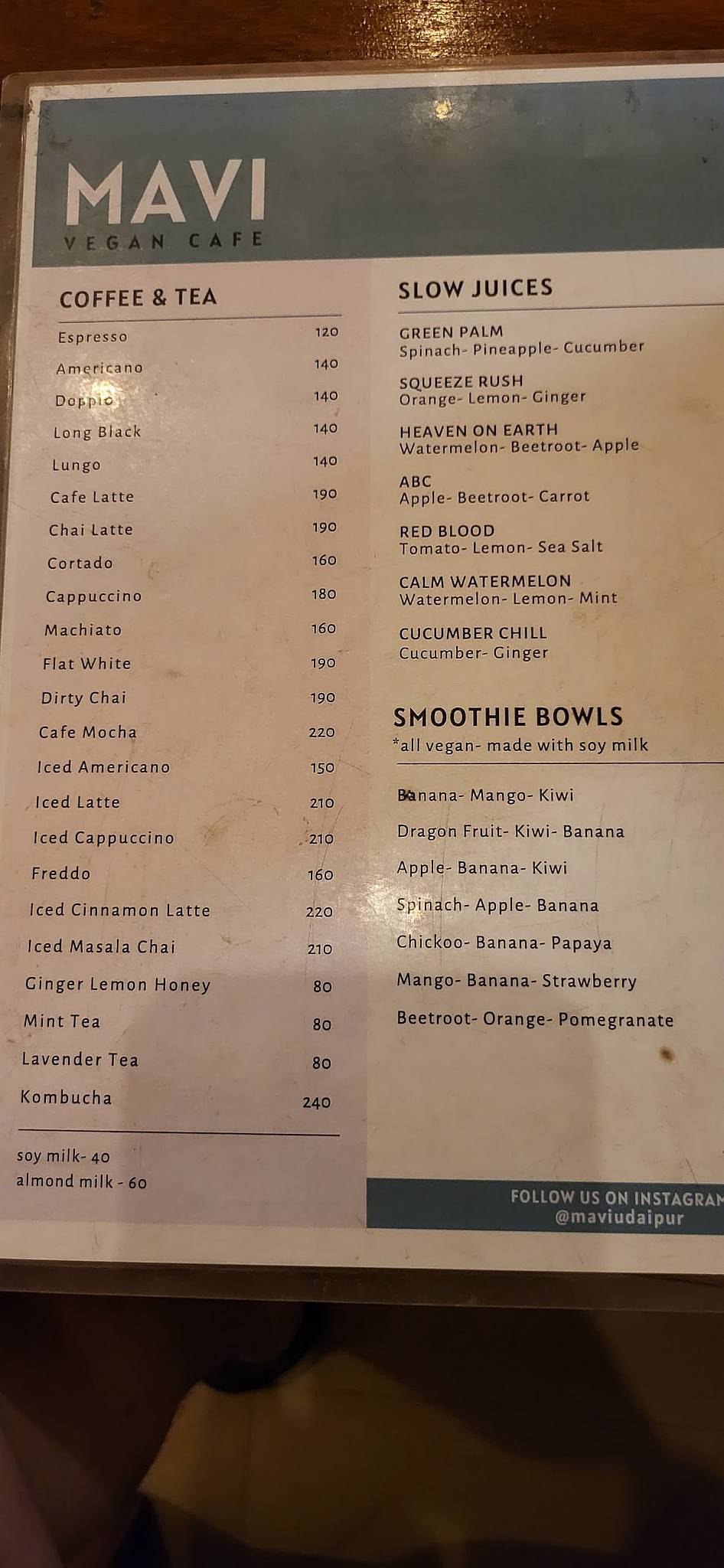Menu at Mavi cafe, Udaipur