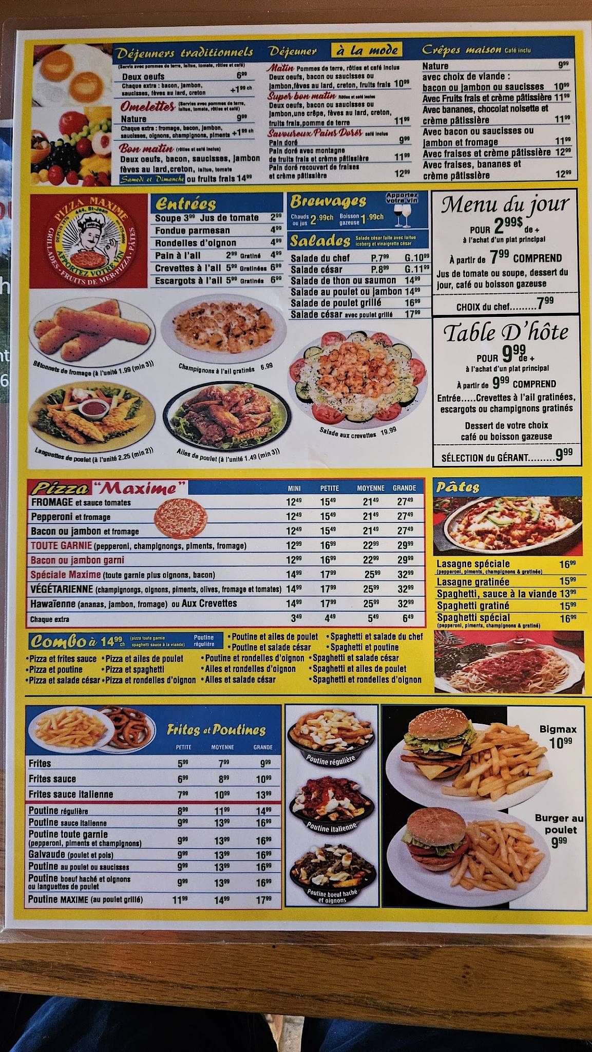 Menu au Maxime pizzeria, Drummondville