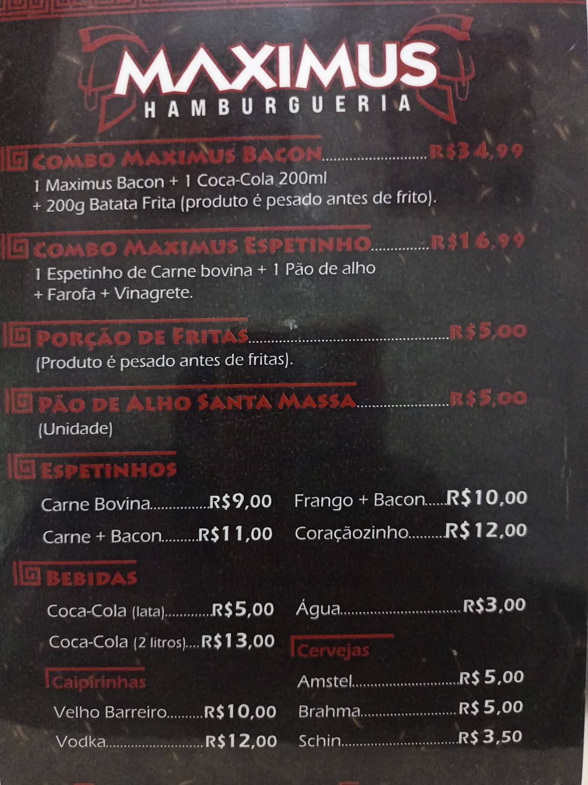 Menu at Máximus Hamburguer restaurant, Balneário Camboriú