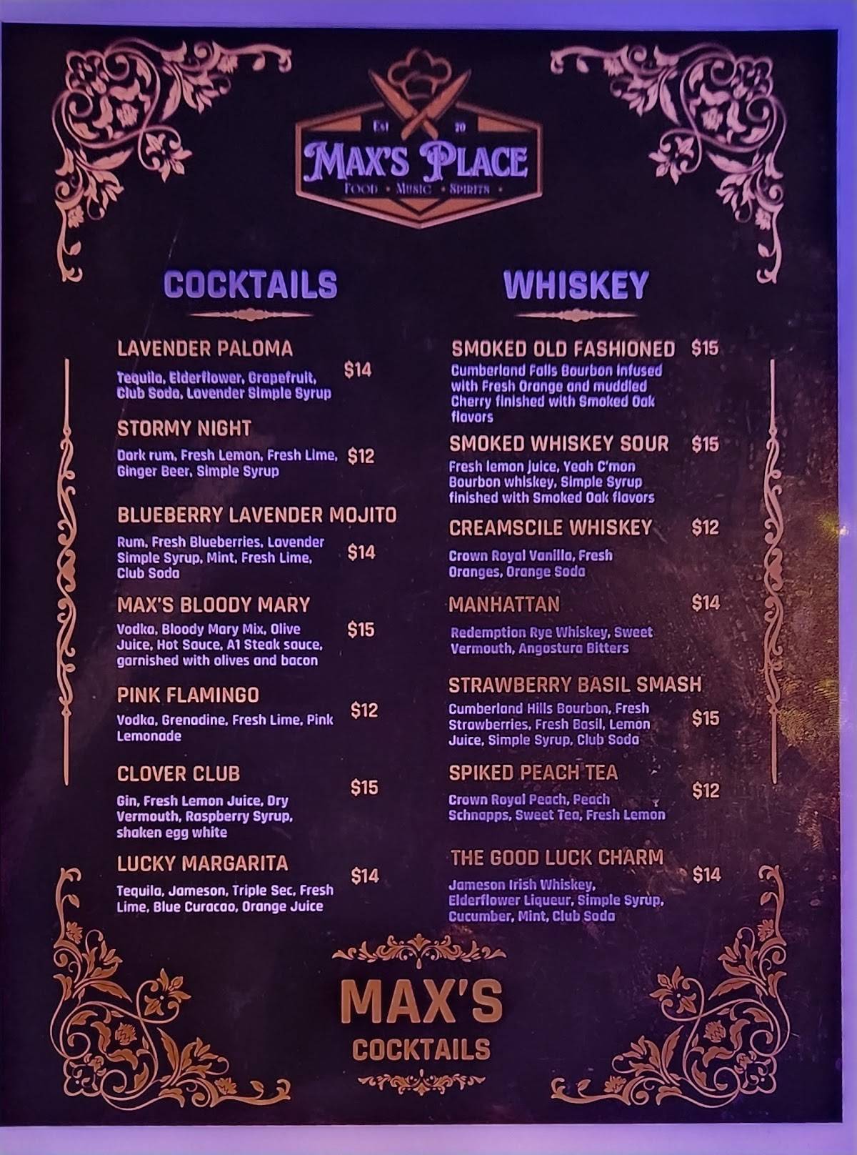 Menu at Max's Place restaurant, Franklin