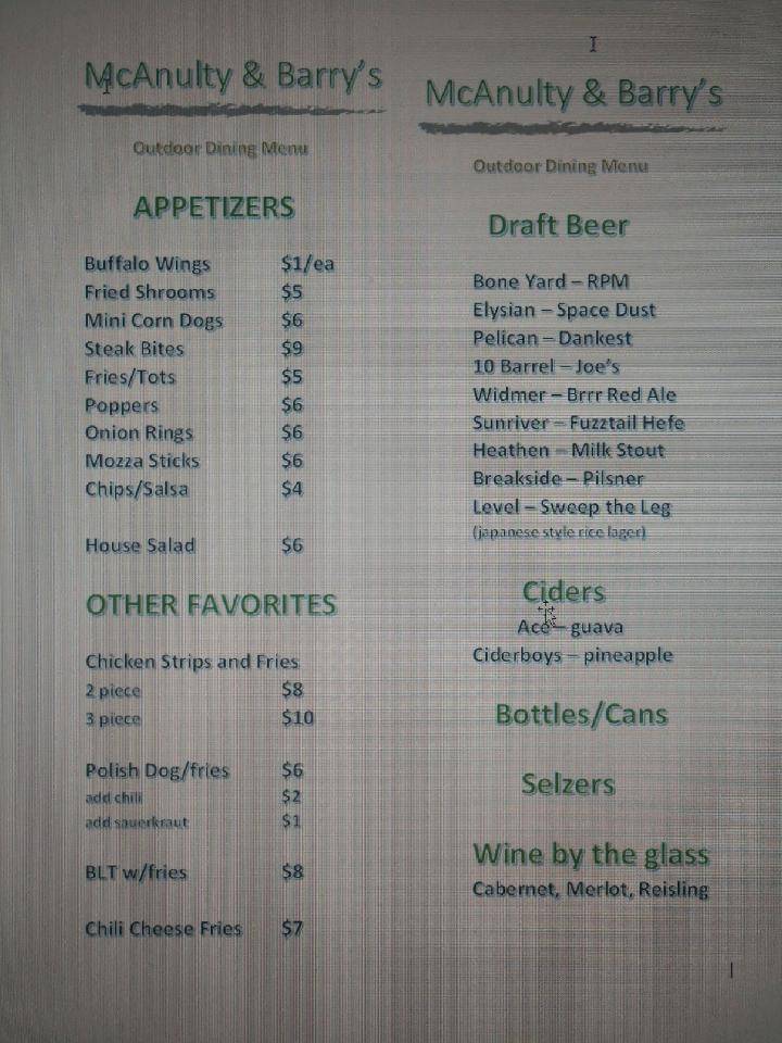 Menu at McAnulty & Barrys, Oregon City