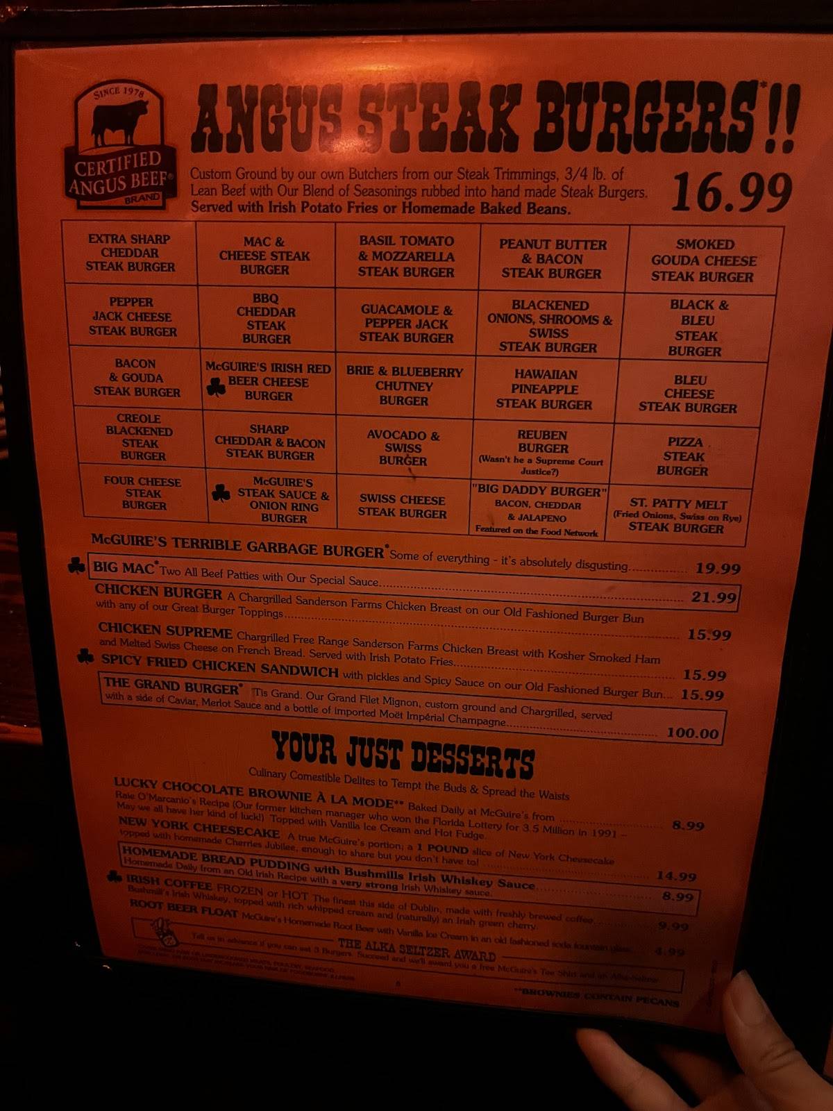 Menu at McGuire's Irish Pub, Pensacola