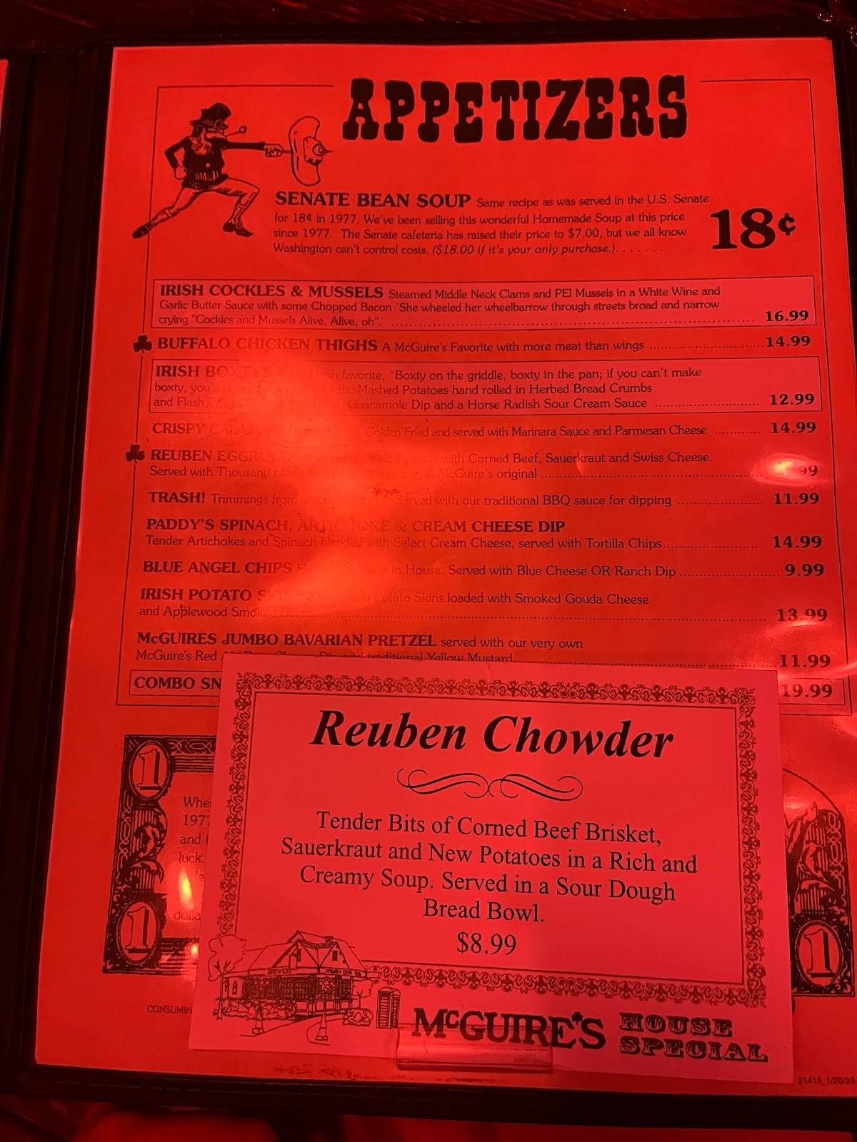 Menu at McGuire's Irish Pub, Pensacola