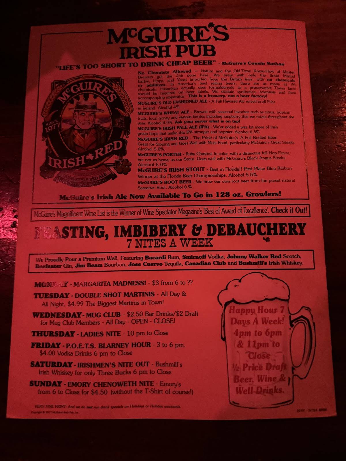 Menu at McGuire's Irish Pub of Destin, Destin, 33 US-98
