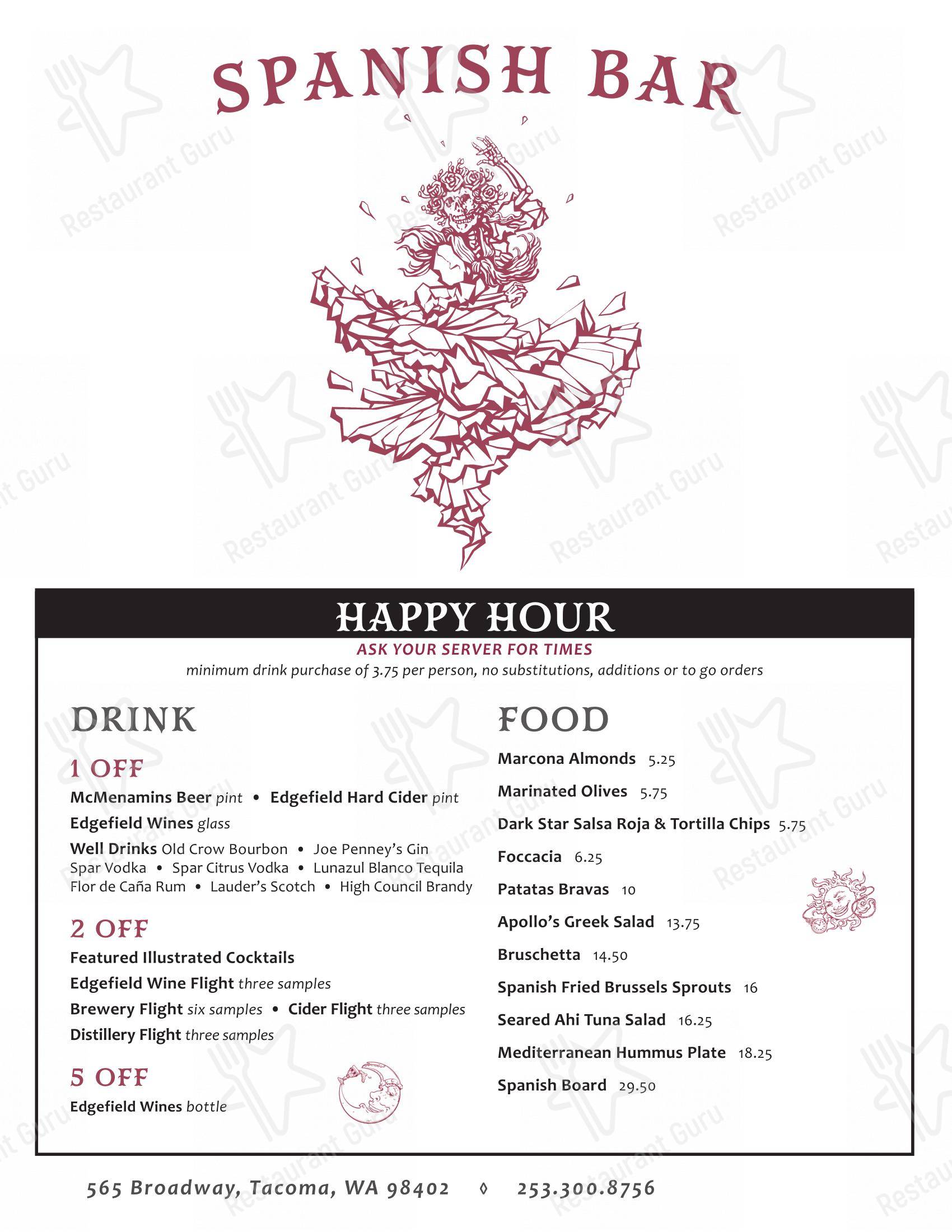 Menu at McMenamins Spanish Bar, Tacoma
