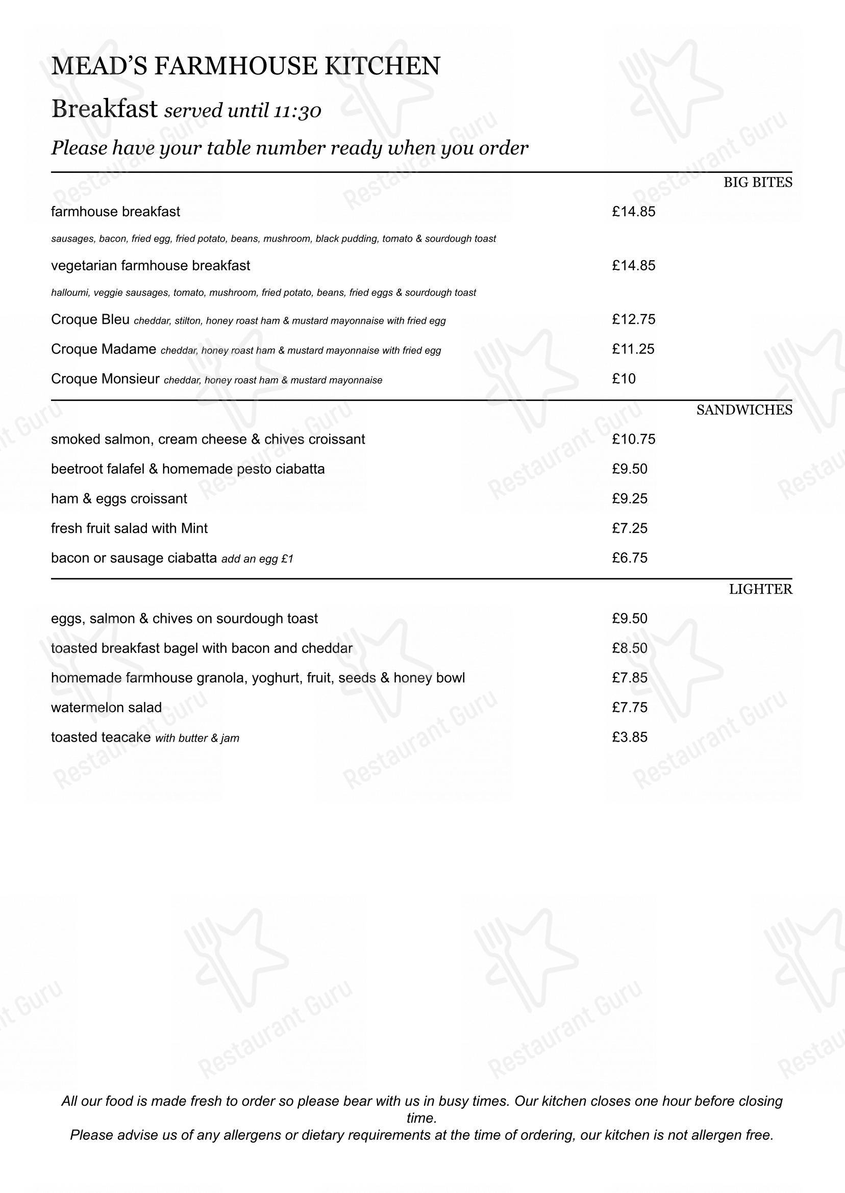 Menu at Mead’s Farmhouse Kitchen restaurant, Tring