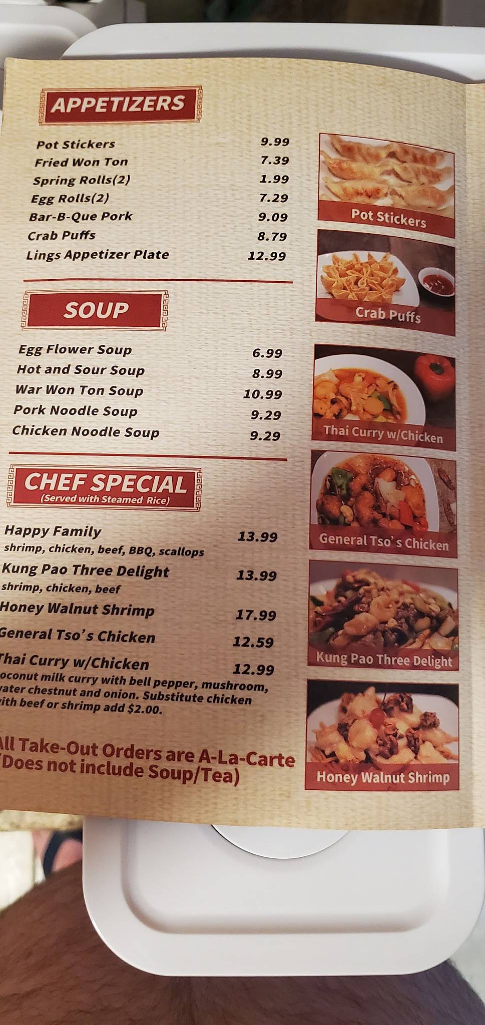 Menu at Ling's restaurant, White City