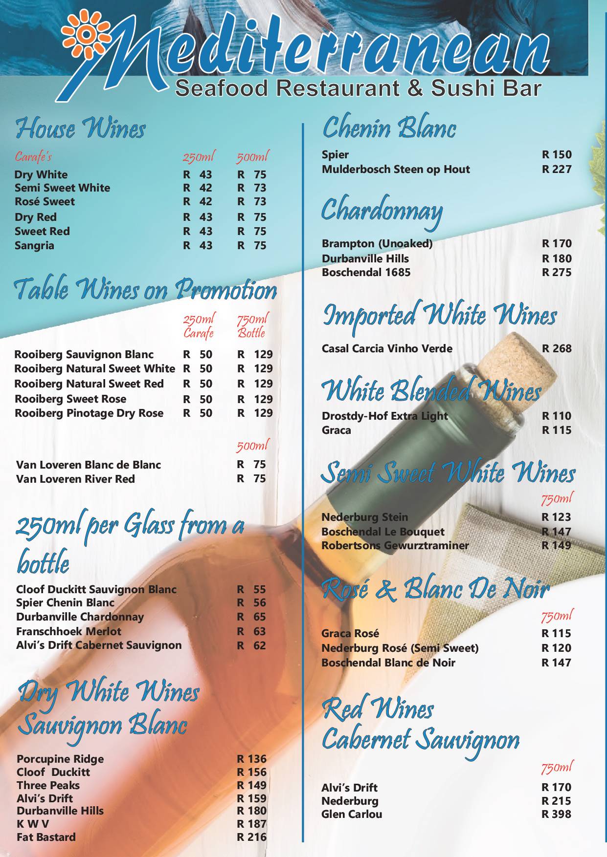 Menu at Mediterranean restaurant, Nelspruit, Riverside Mall