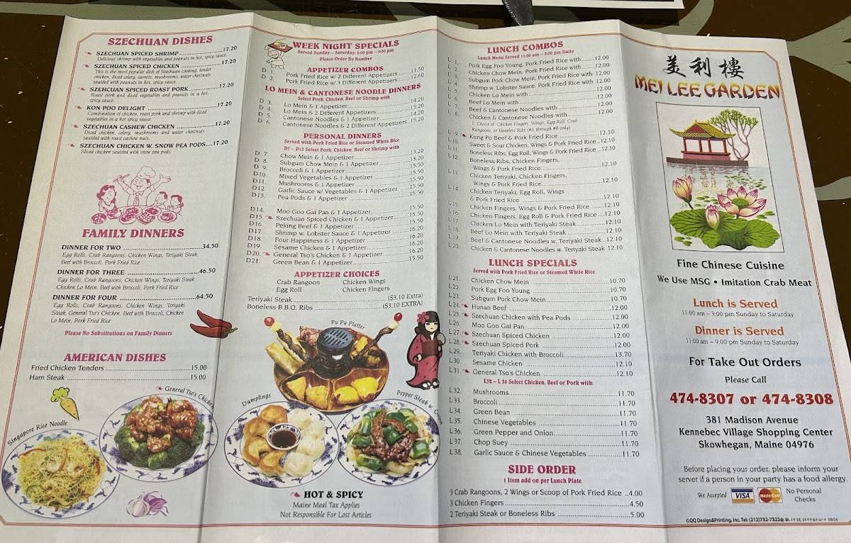 Menu at Mei Lee Garden Restaurant, Skowhegan, 381 Madison Ave