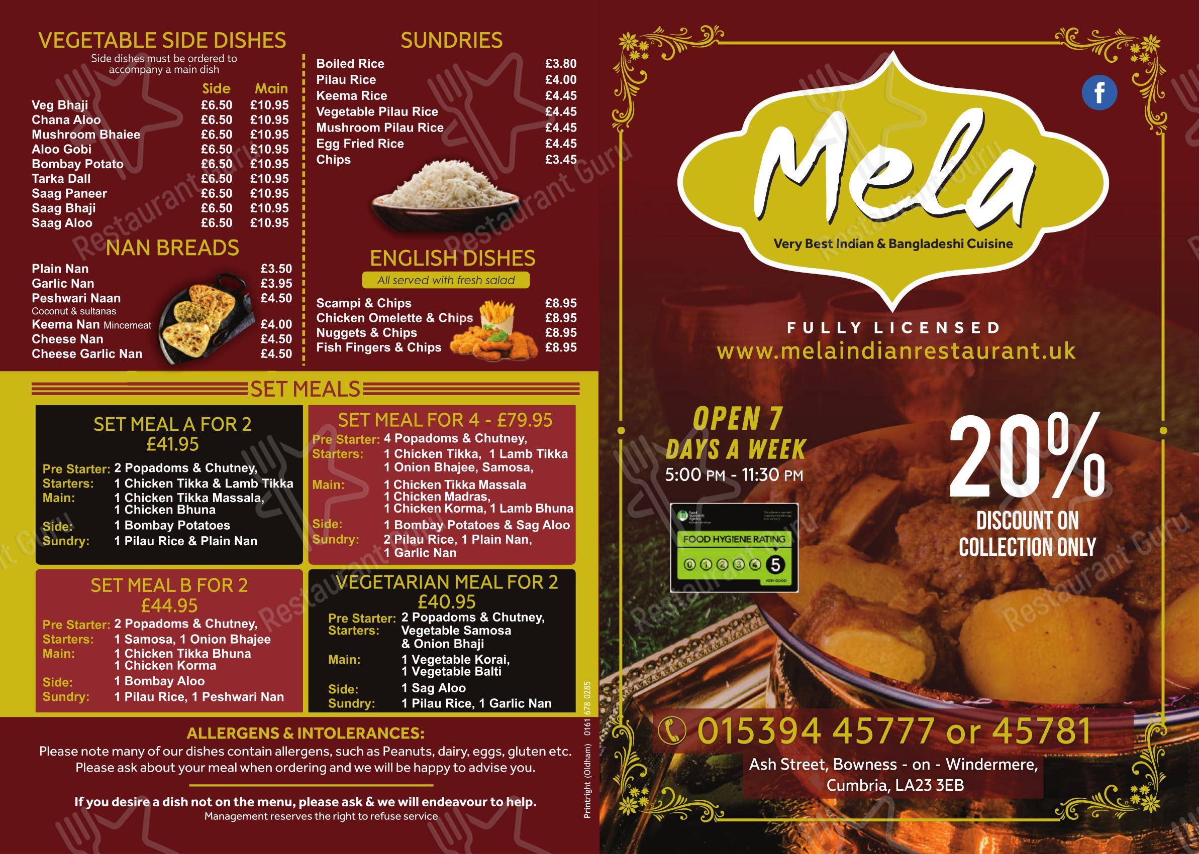 Menu at Mela Spice Restaurant, Bowness-on-Windermere