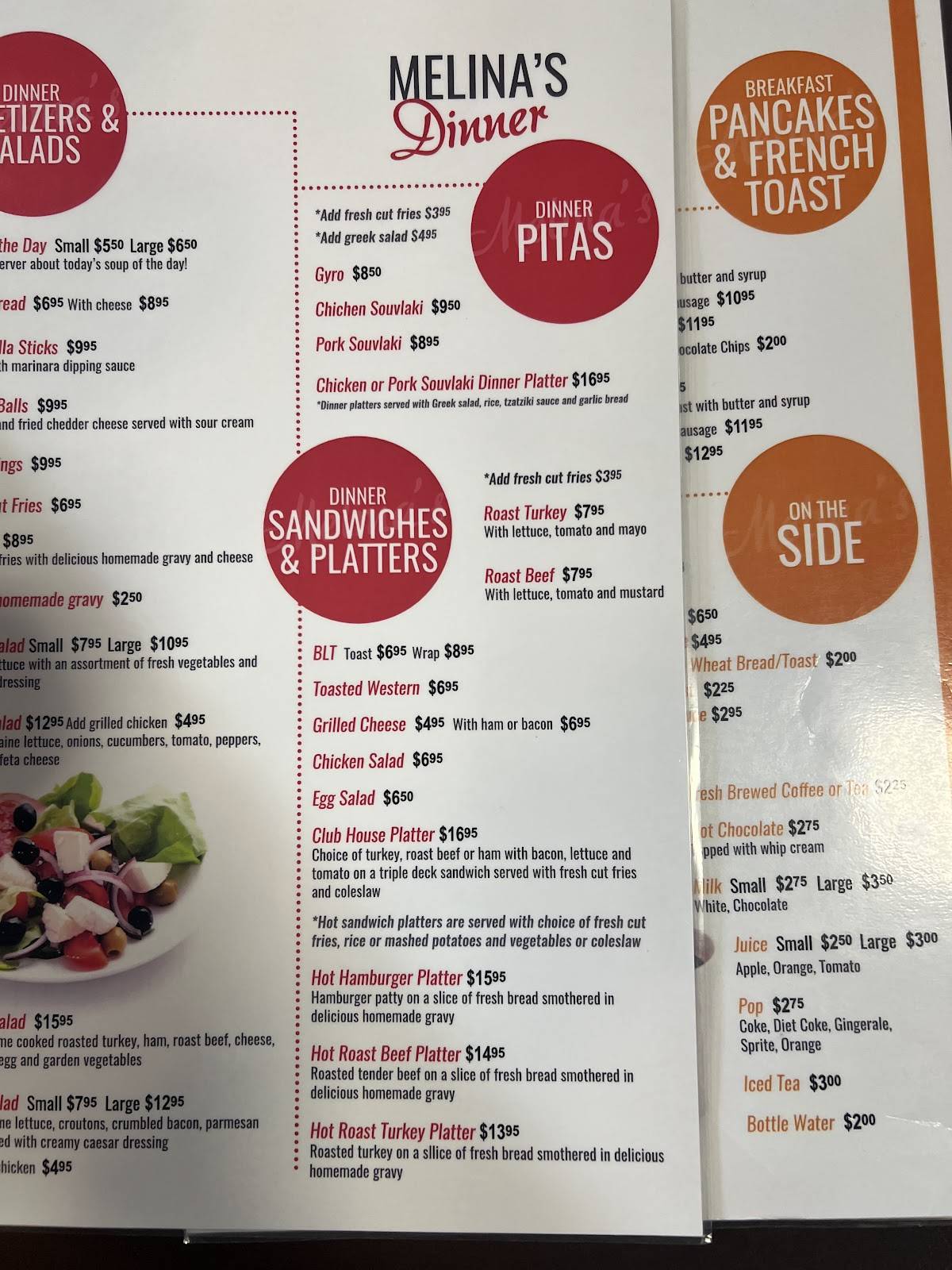 Menu at Melina's Family Restaurant, Port Colborne