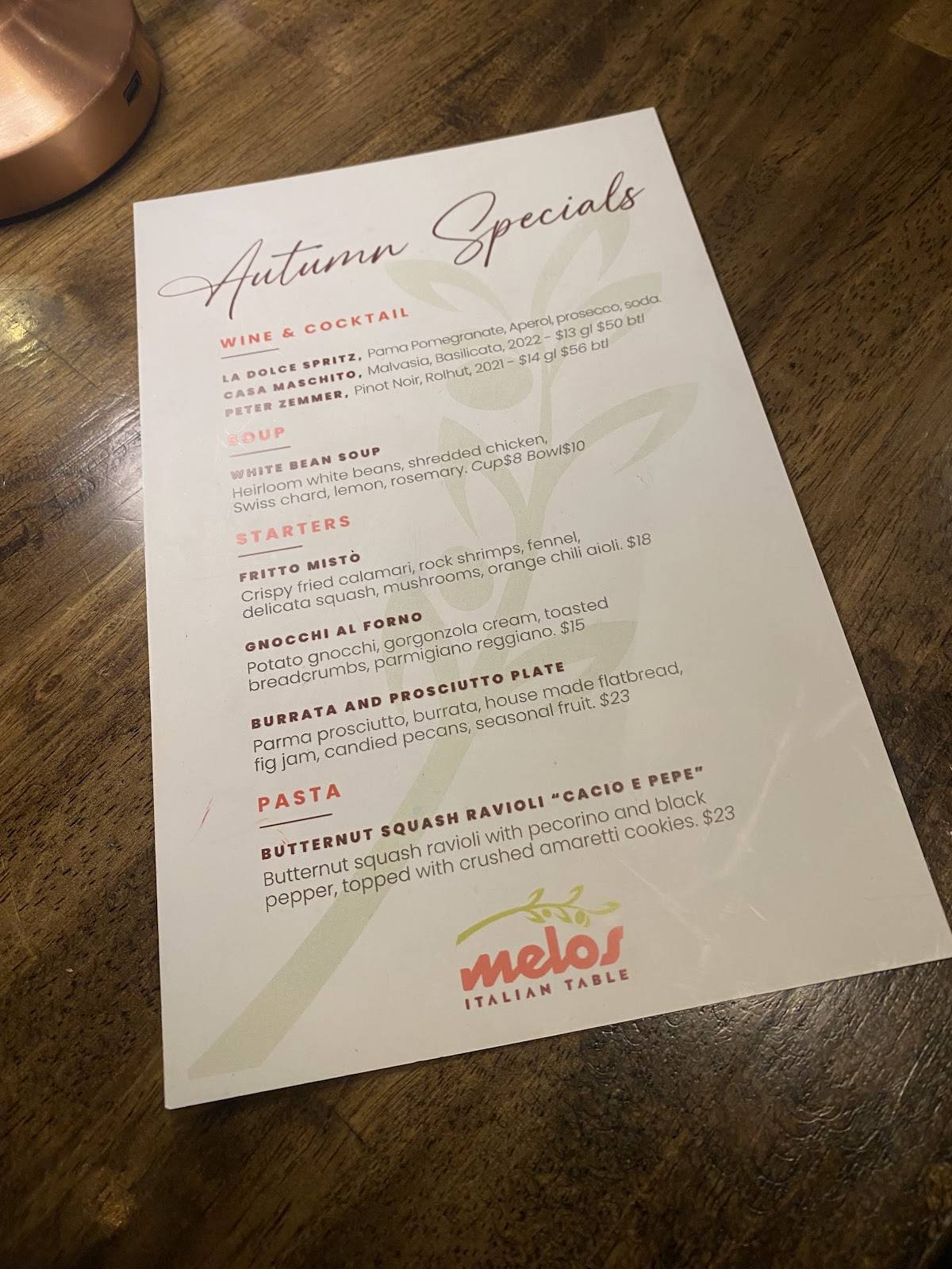 Menu at Melo's Italian Table pizzeria, Walnut Creek