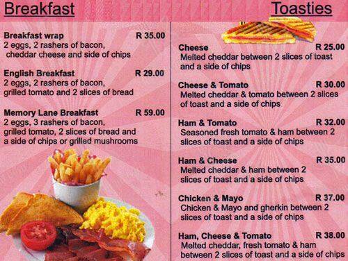 Menu at Memory Lane Cafe, South Africa
