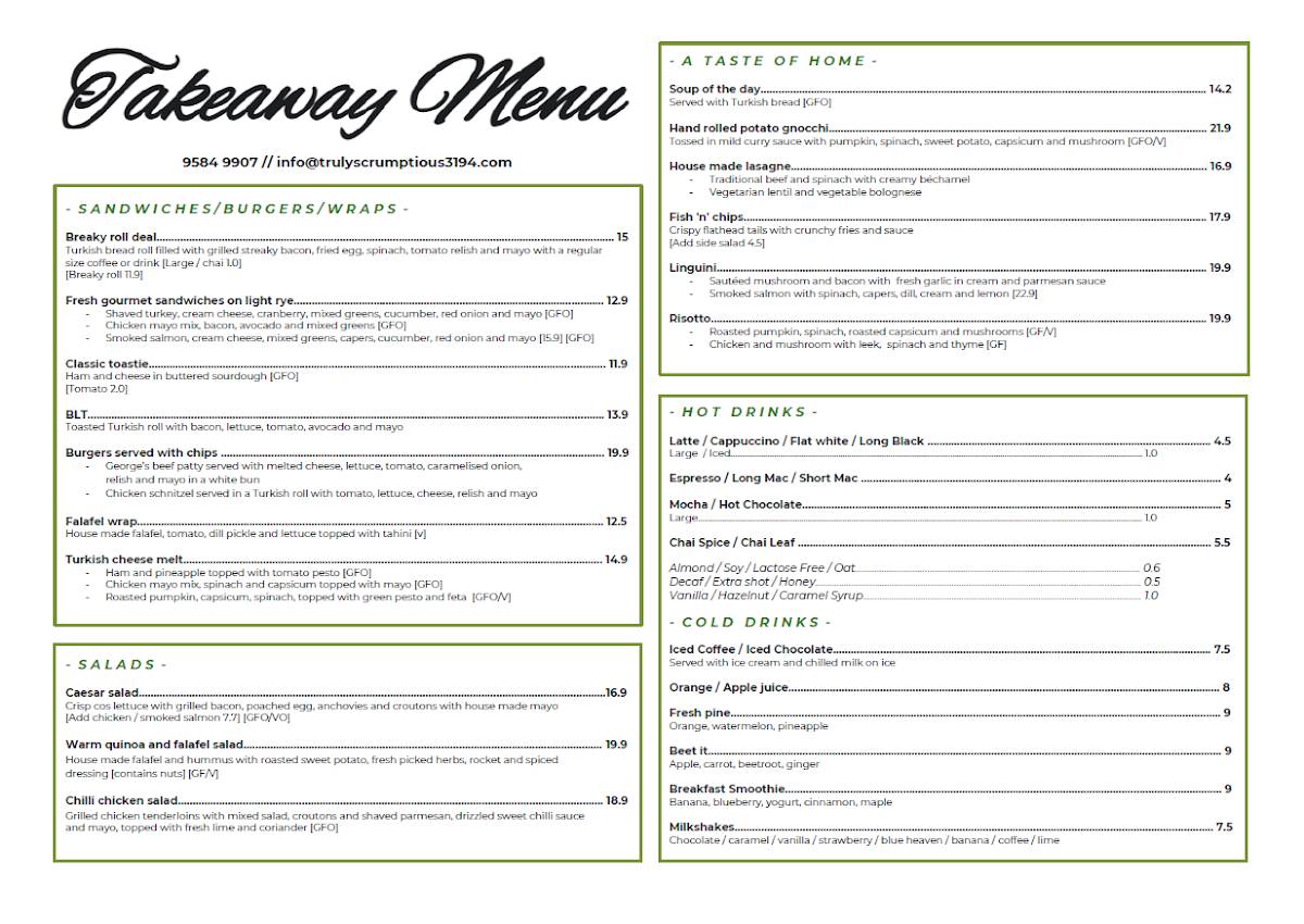 Menu at Truly Scrumptious cafe, Mentone