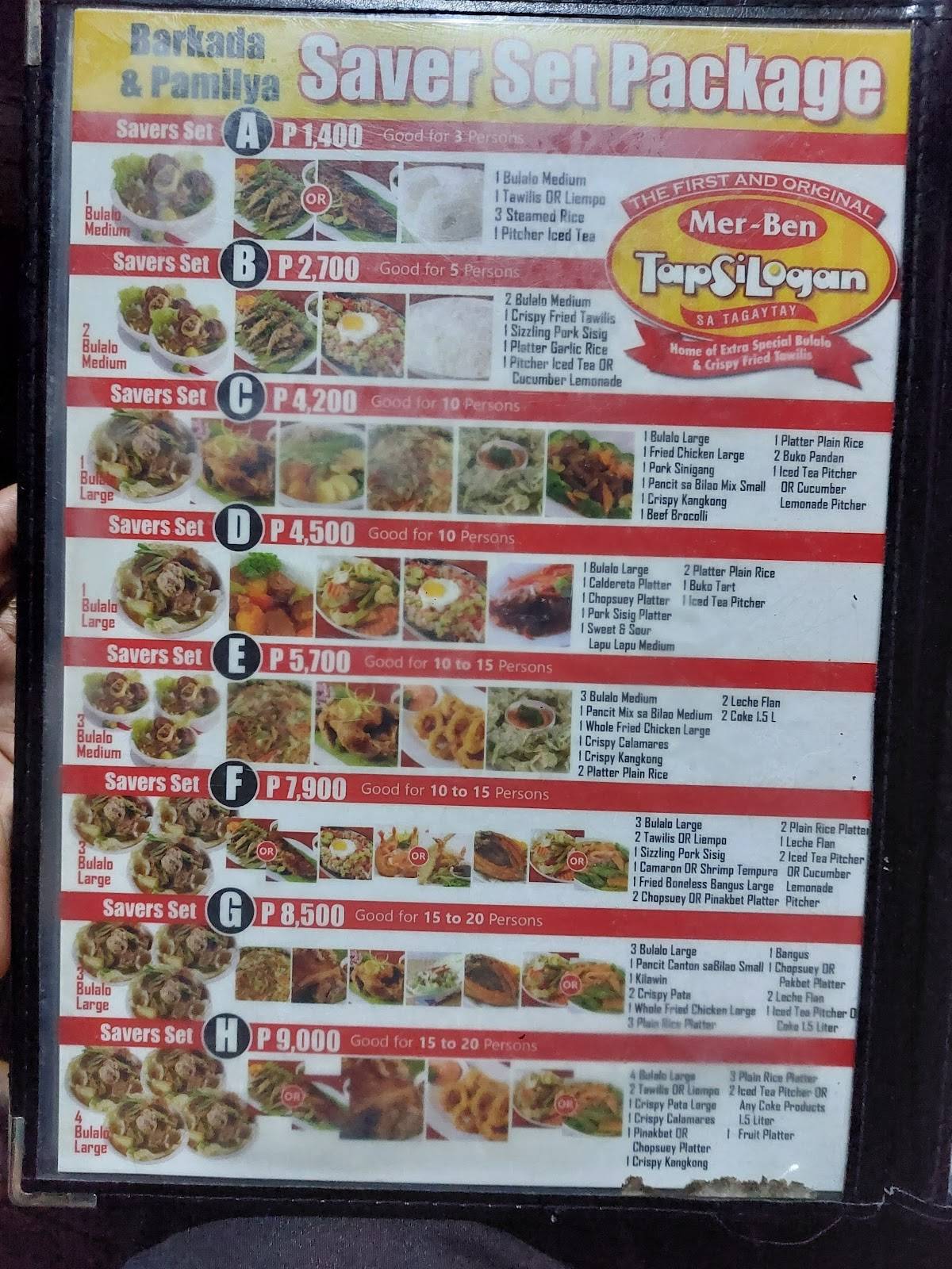Menu at Mer-Ben Tapsilogan restaurant, Laurel, 53 Emilio Aguinaldo Highway