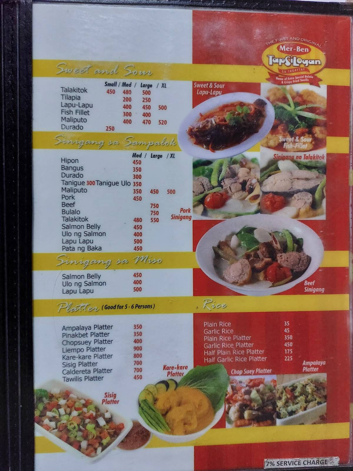 Menu at Mer-Ben Tapsilogan restaurant, Laurel, 53 Emilio Aguinaldo Highway